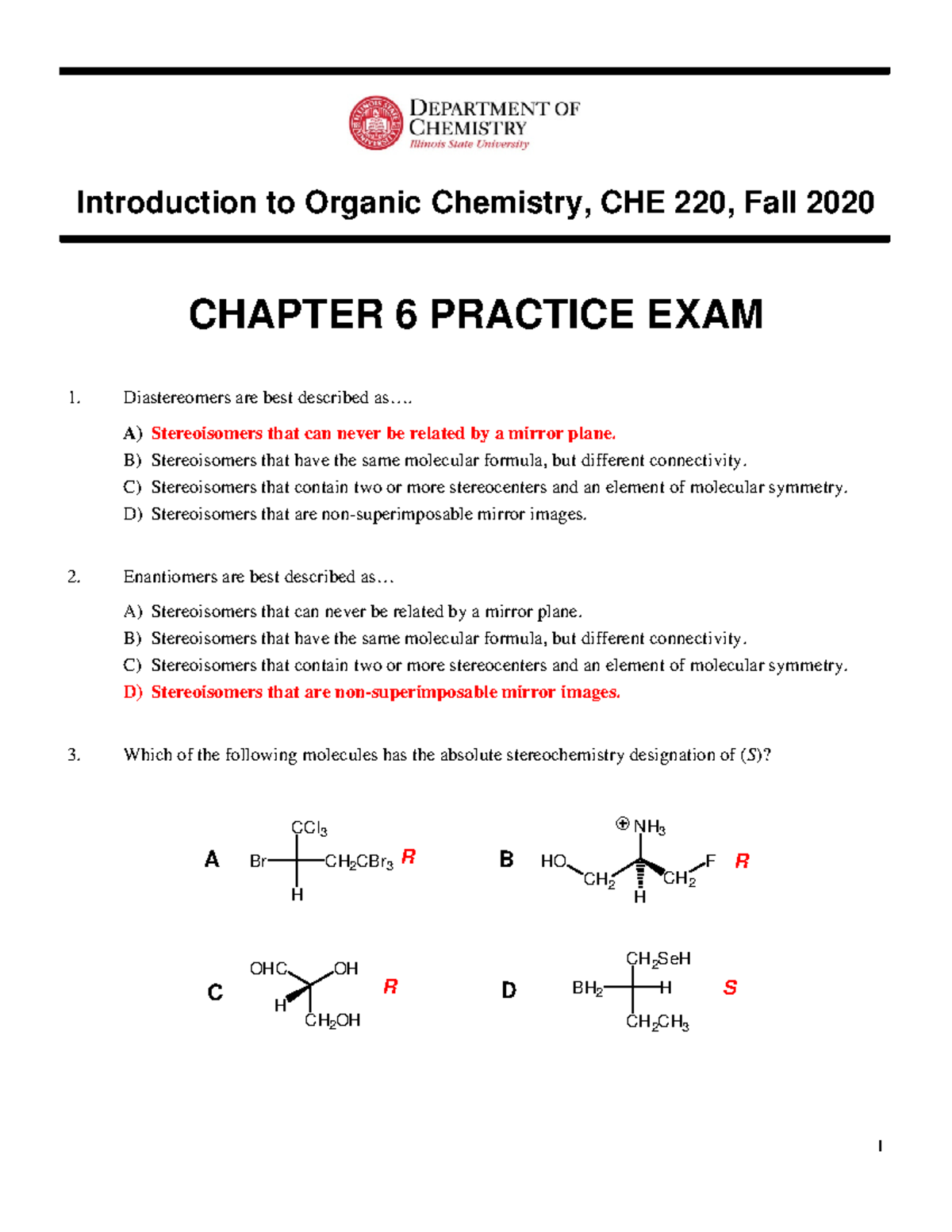 CHE 220 CH 06 Practice EXAM Solutions - 1 Introduction to Organic ...