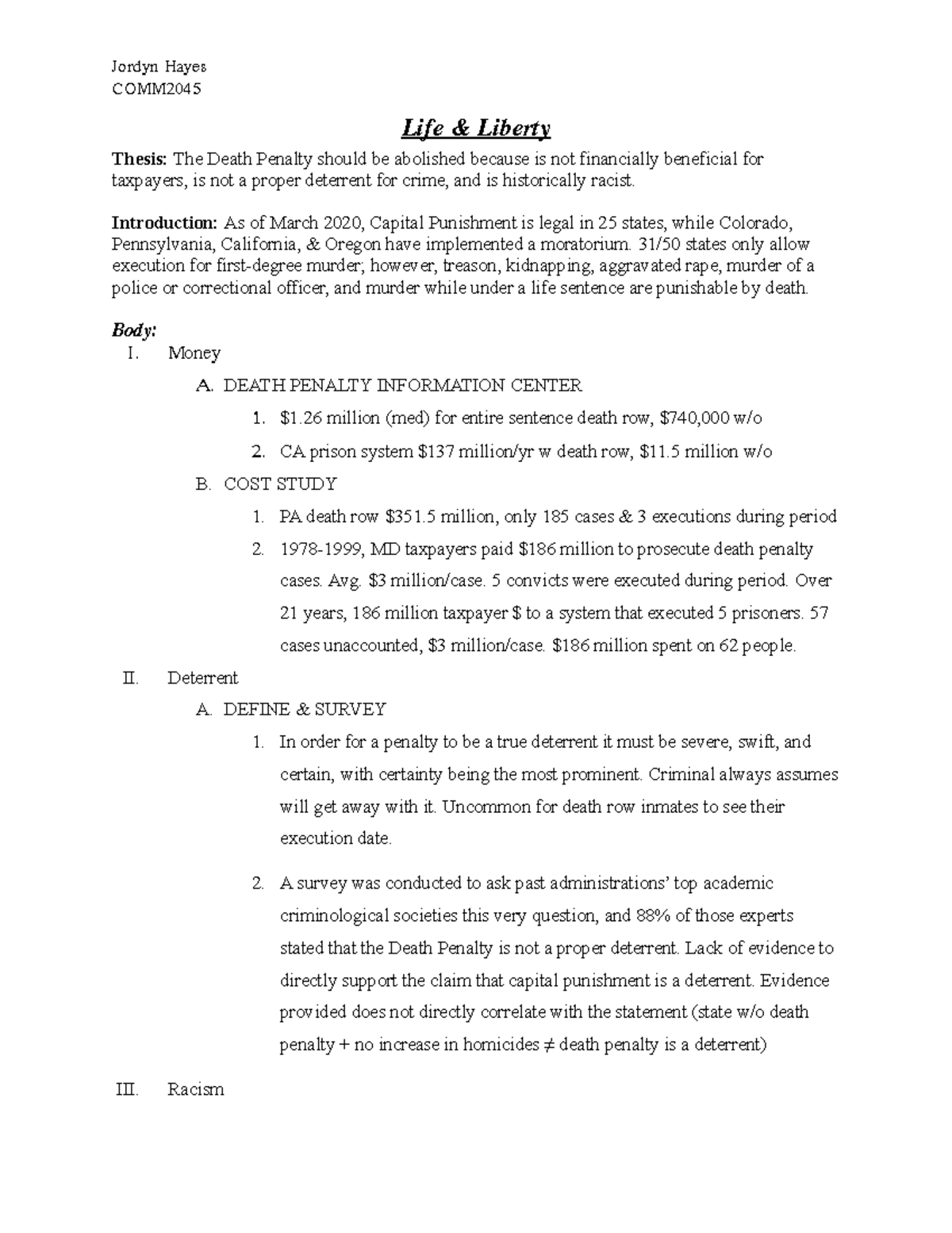 Persuasive outline - COMM Life & Liberty Thesis: The Death Penalty ...