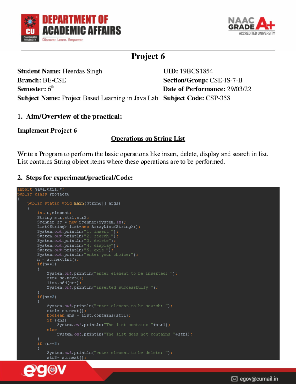 Project Based Learning in Java Lab (Project-6) (19BCS1854) - Project 6 ...