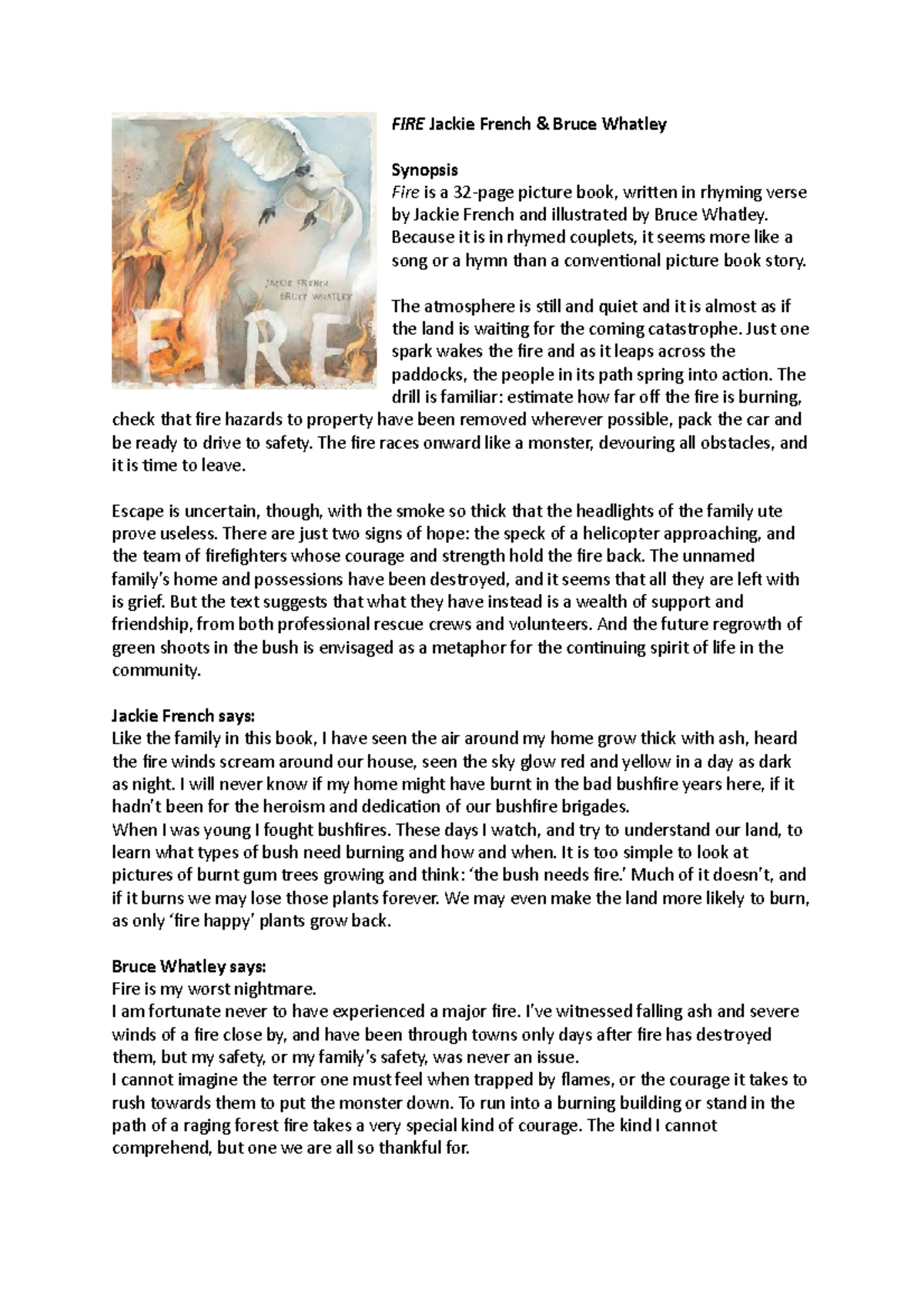 Fire by Jackie French Task - FIRE Jackie French & Bruce Whatley ...