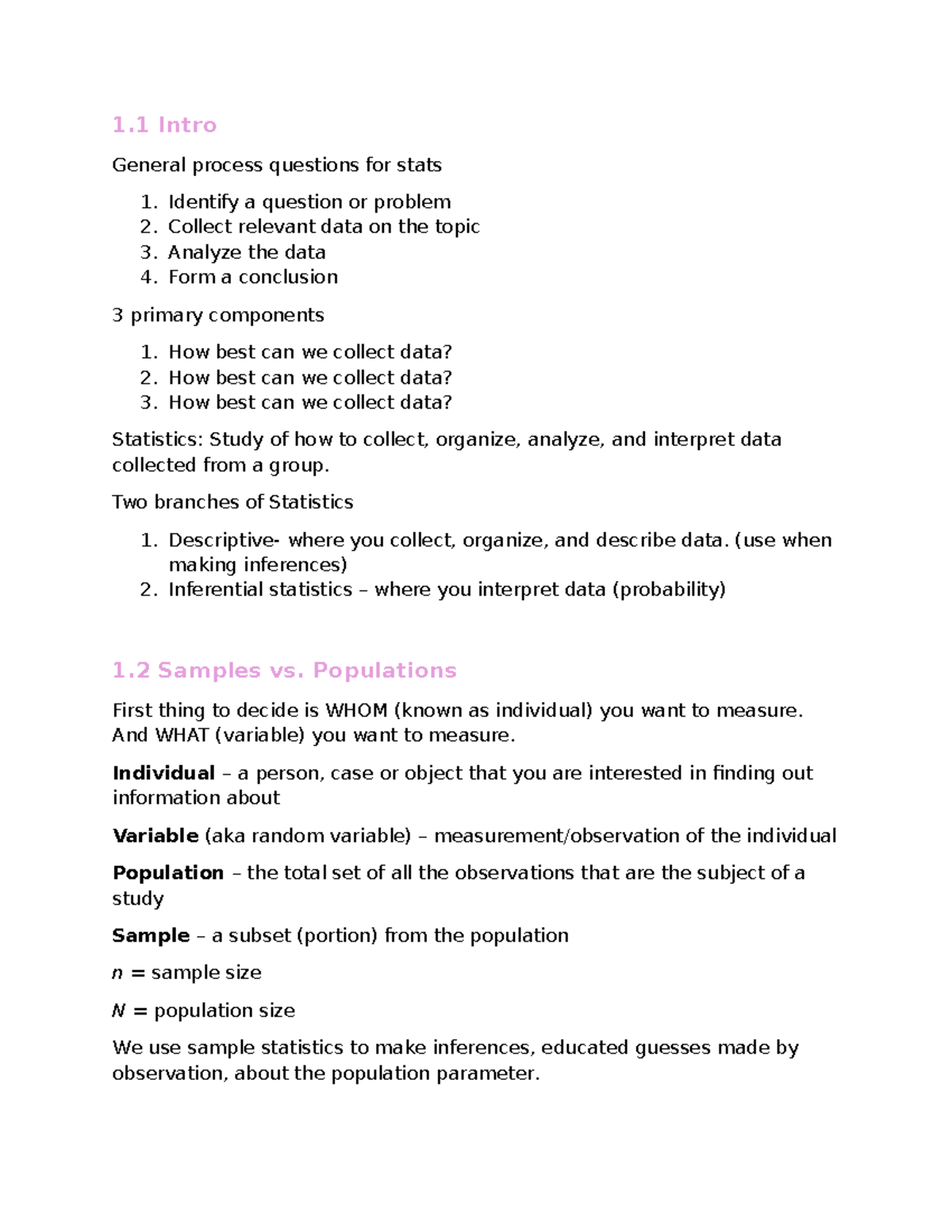 Stats notes moduel 1 - 1 Intro General process questions for stats 1 ...