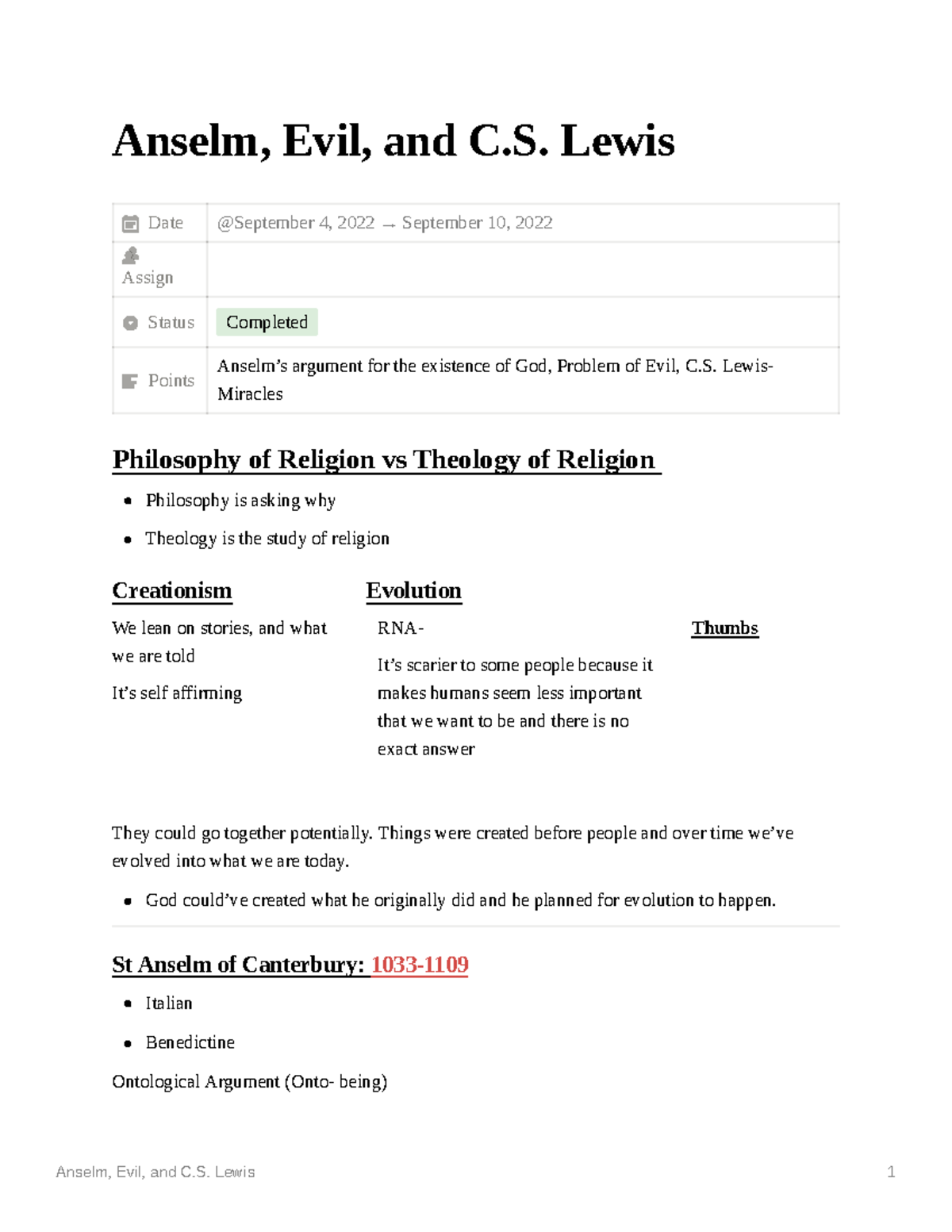 Anselm Evil and C - Lewis Date Assign Status Completed Points Anselm’s ...