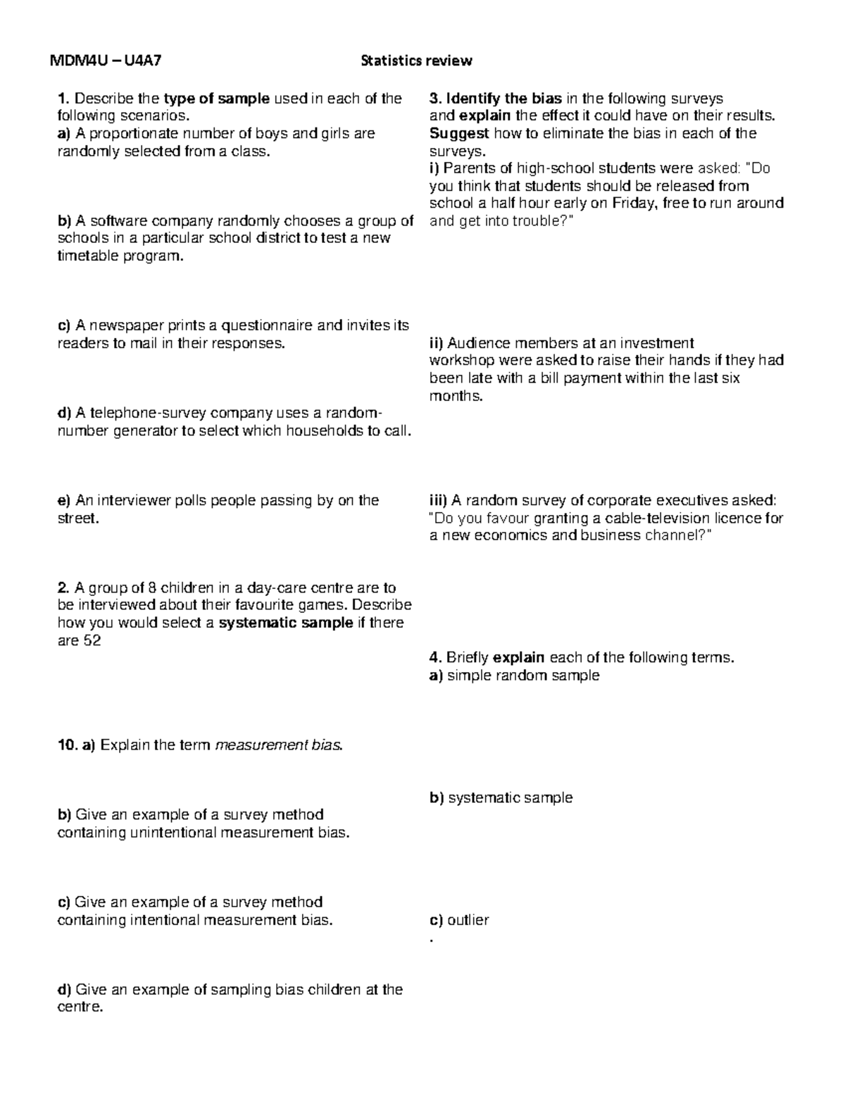 U4x A7 Review Questions - MDM4U – U4A7 Statistics review Describe the ...