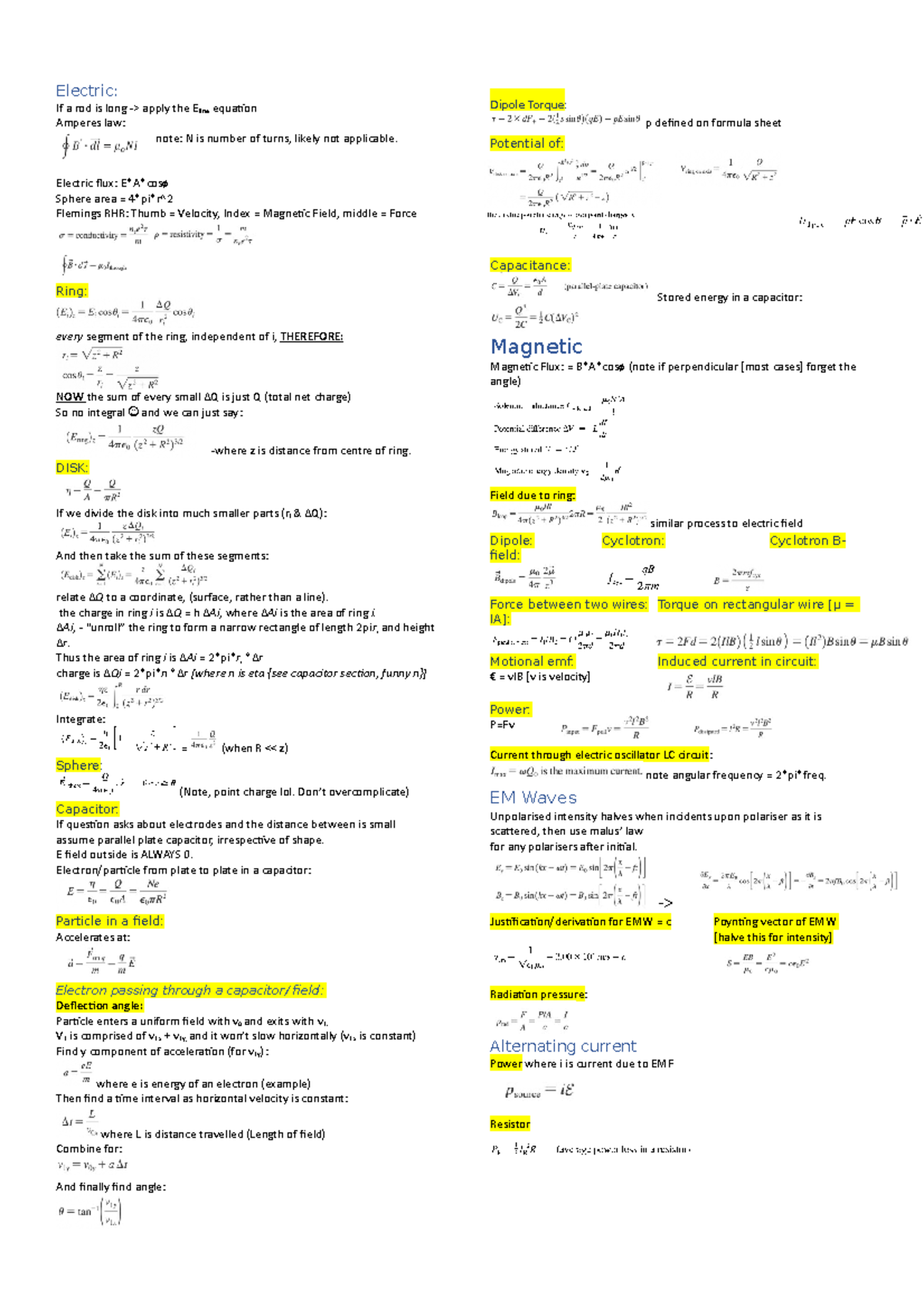 Annotated formula sheet - Electric: If a rod is long -> apply the Eline ...