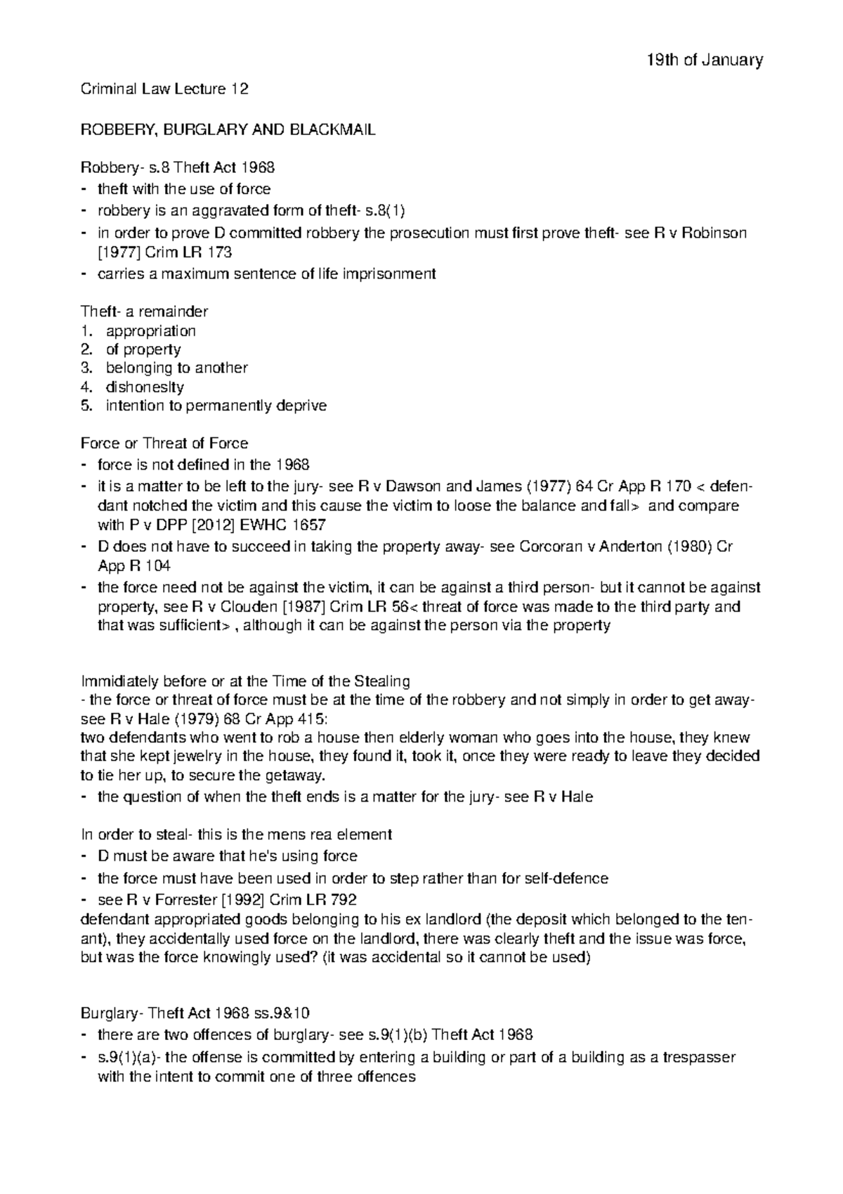 Criminal Law Lecture 12 - 19th of January Criminal Law Lecture 12 ...