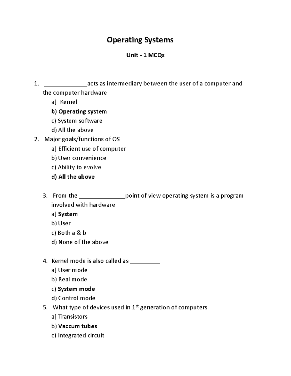 OS UNIT 1 mcqs - Operating Systems Unit - 1 MCQs _____________acts as intermediary between the ...
