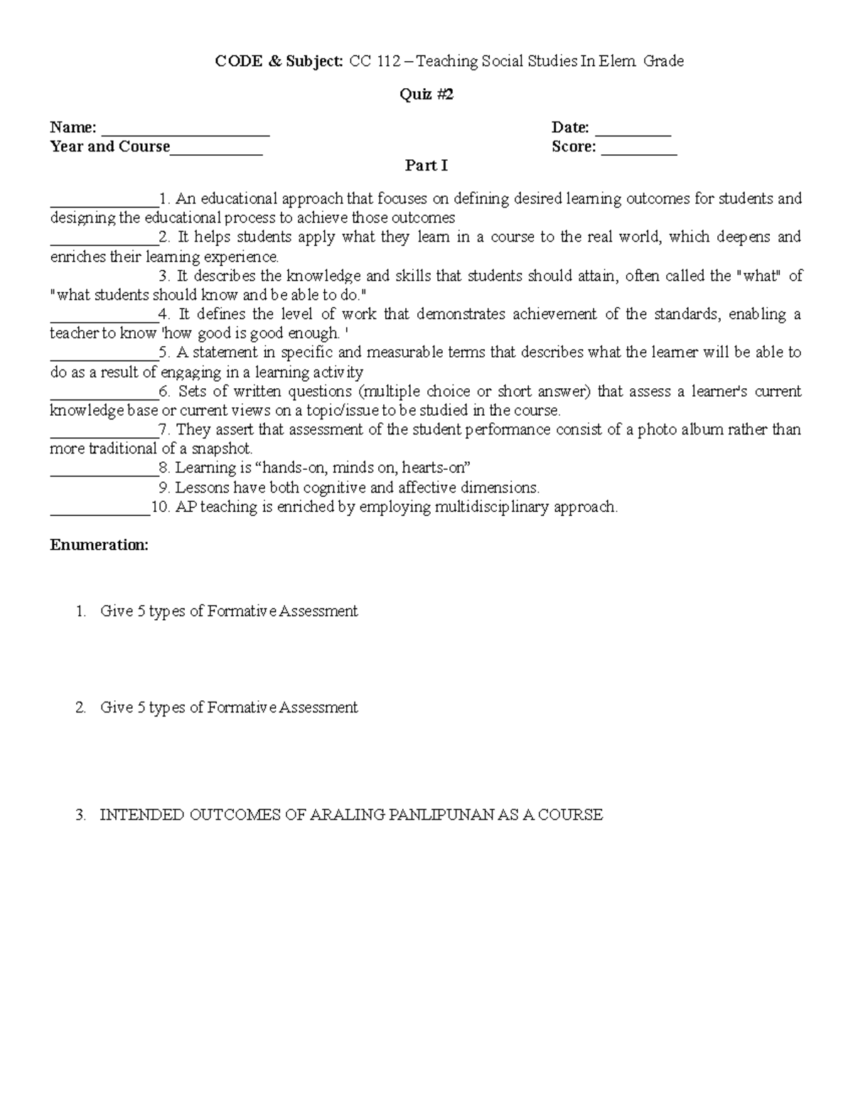 CC 112 - BEED 1 (QUIZ#2) - LECTURES - CODE & Subject: CC 112 – Teaching Social Studies In Elem ...