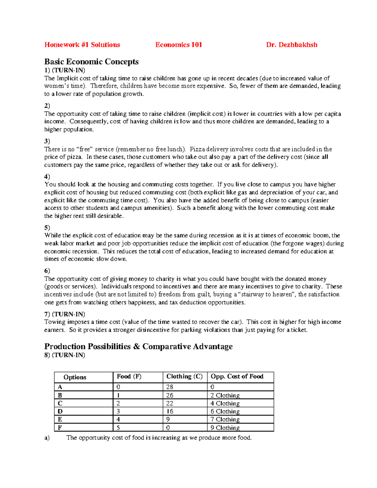 Basic Economic Concepts Homework #1 Solutions - Homework #1 Solutions ...