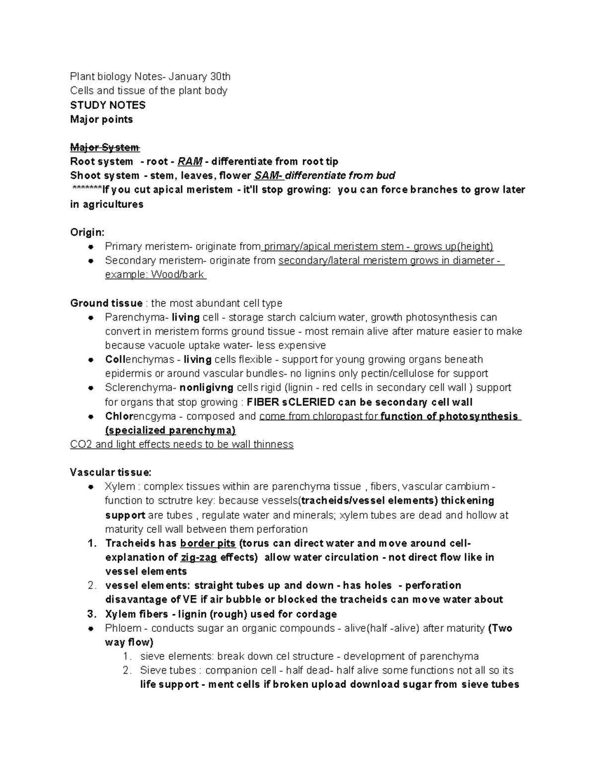 Cell tissue- Notes - Plant biology Notes- January 30th Cells and tissue ...