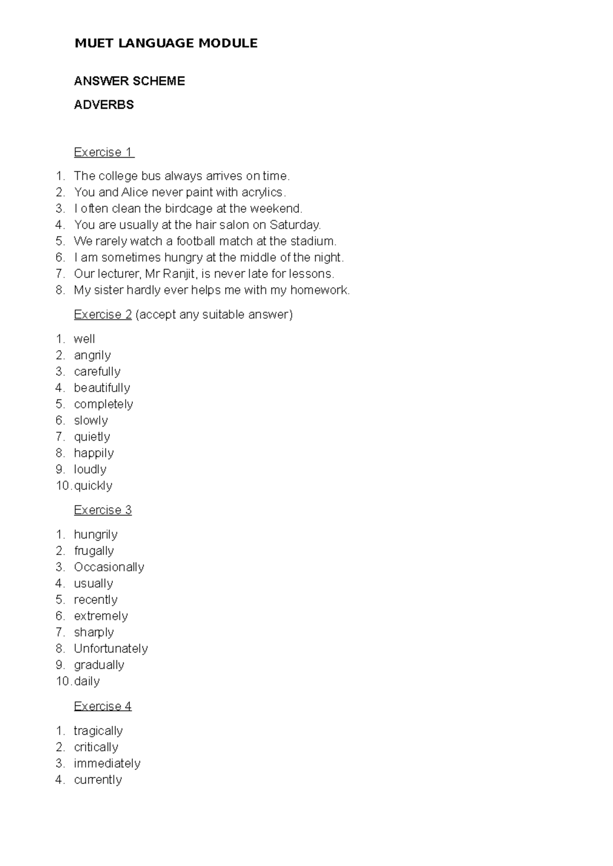 Answer Scheme Grammar - Adverb - MUET LANGUAGE MODULE ANSWER SCHEME ...