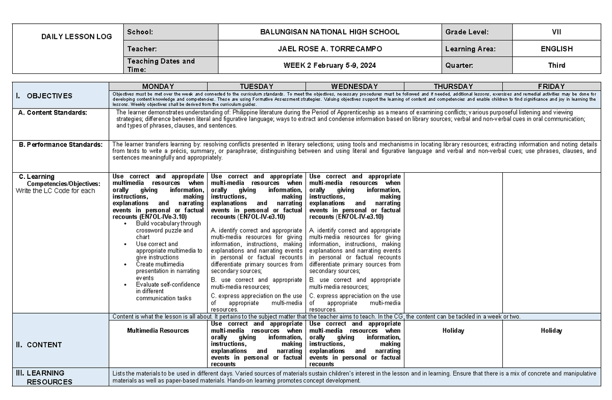 DLL english 7 3rd quarter week 2 - DAILY LESSON LOG School: BALUNGISAN ...