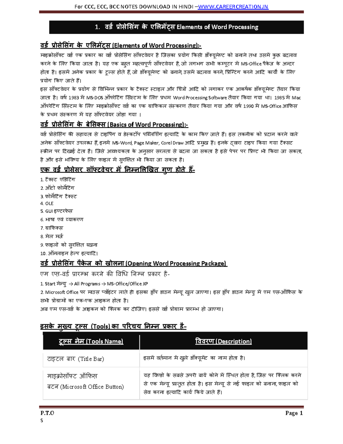 Msword Notes - P.T Page 1 1. वडर् प्रोस े िसंग के एिलमɅɪस Elements of ...