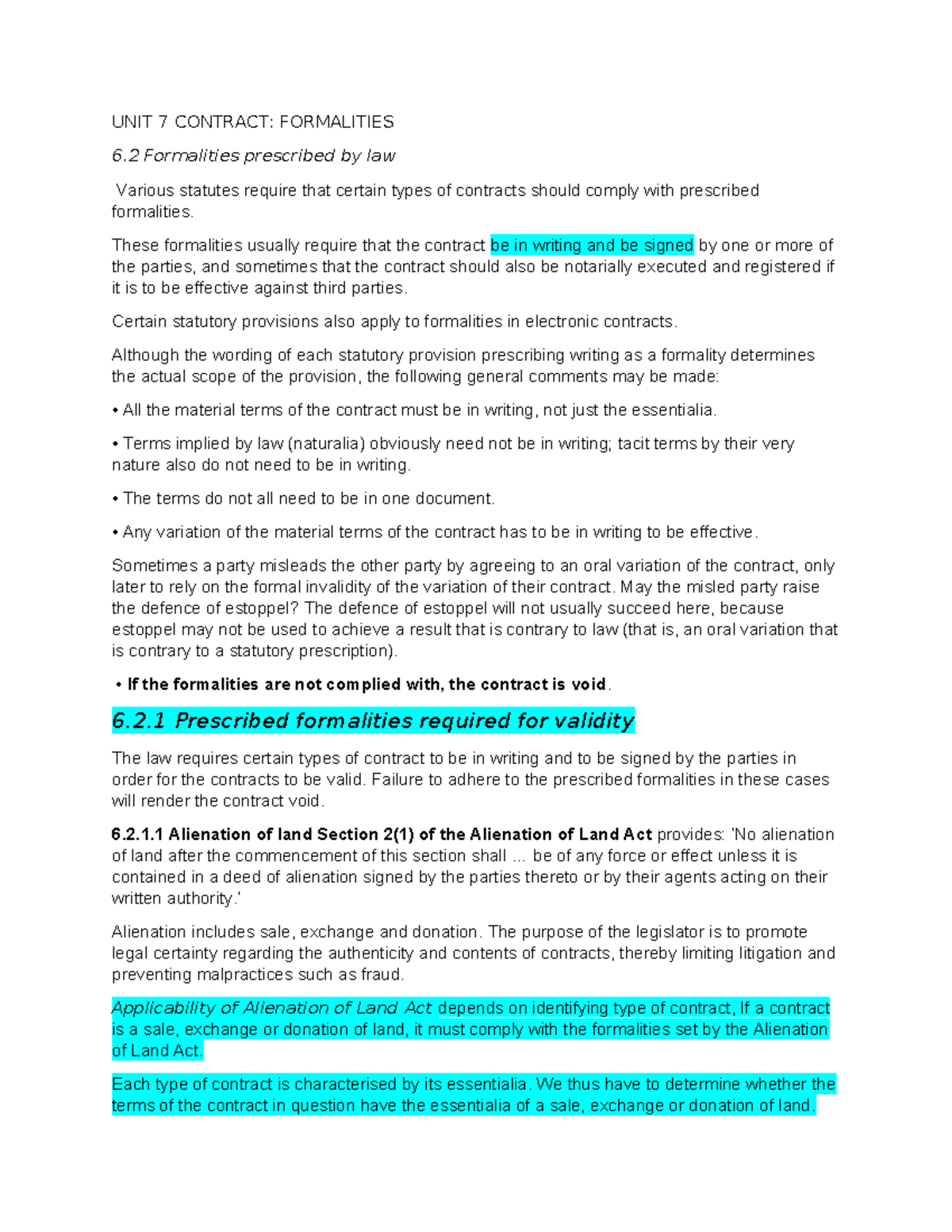 My own notes UNIT - UNIT 7 CONTRACT: FORMALITIES 6 Formalities ...