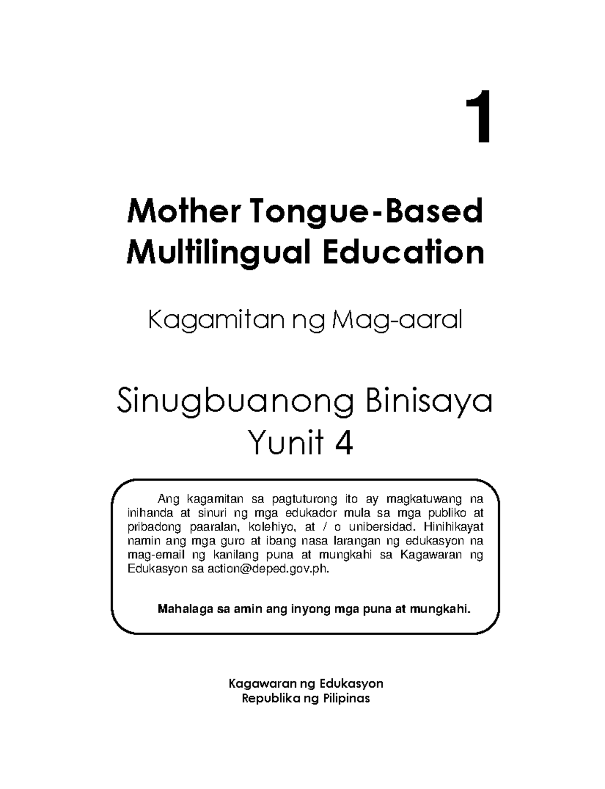 Grade 1 Learners Material Sinugbuanong Binisaya Unit 4 - 1 Mother ...