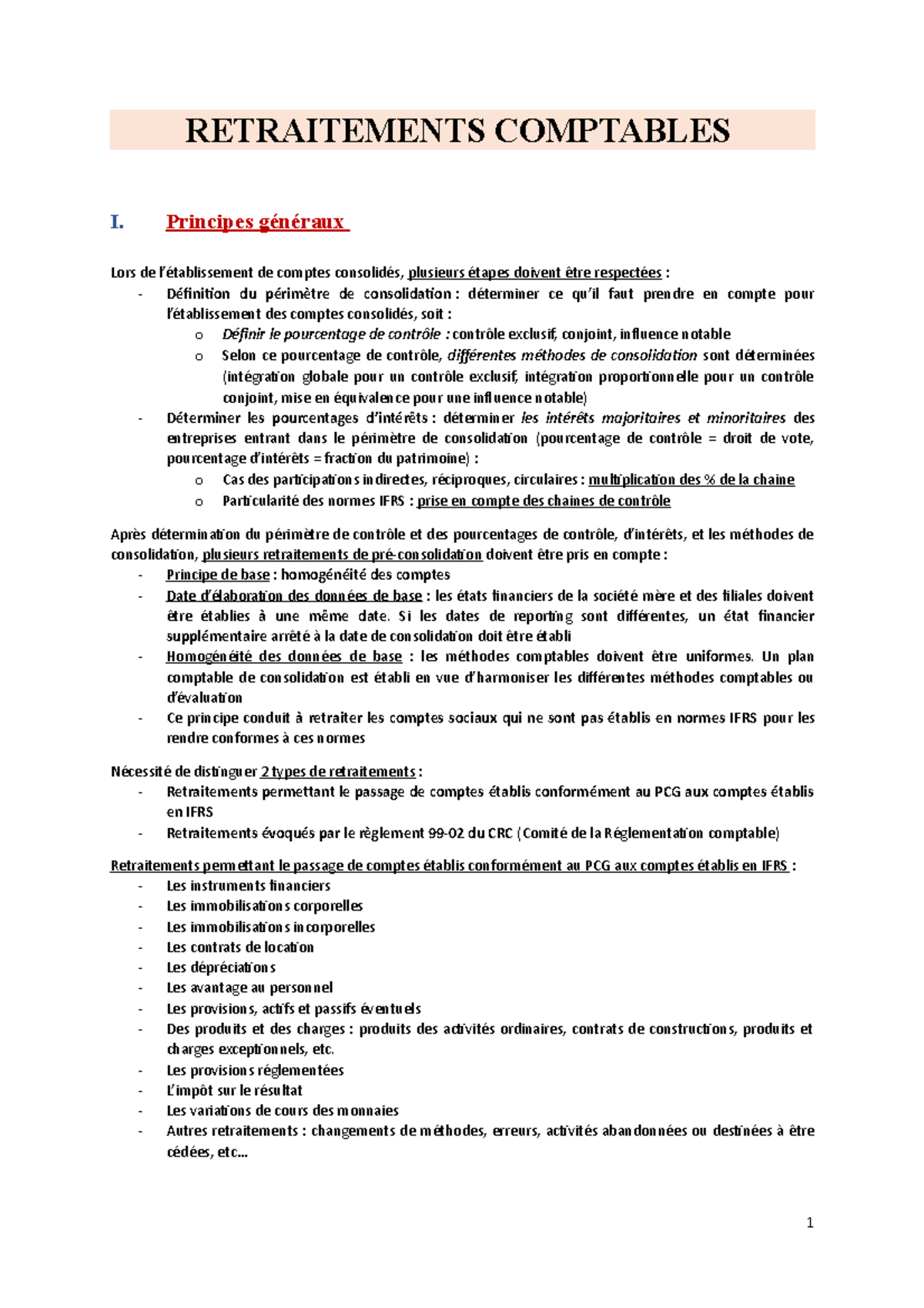 Retraitements Comptables - RETRAITEMENTS COMPTABLES I. Principes ...