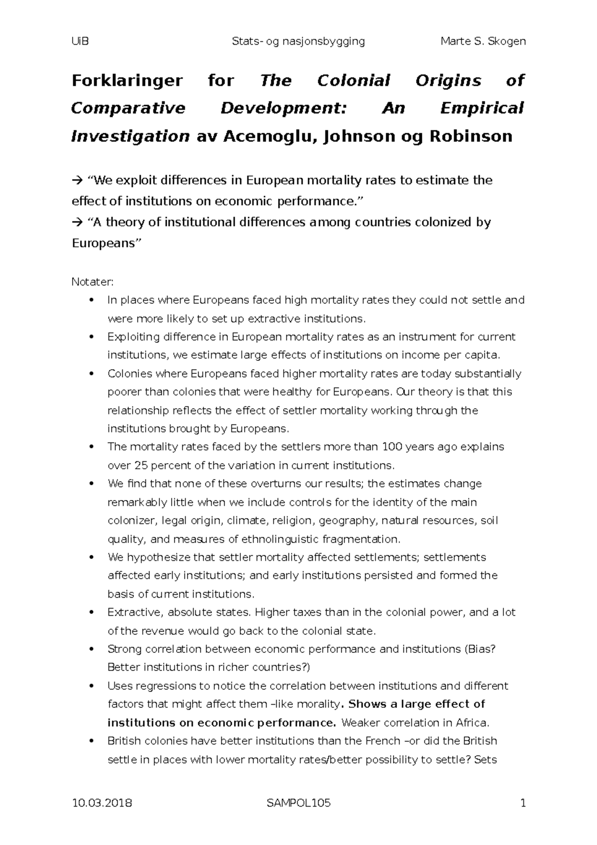 Forklaringer for The Colonial Origins of Comparative Development av ...