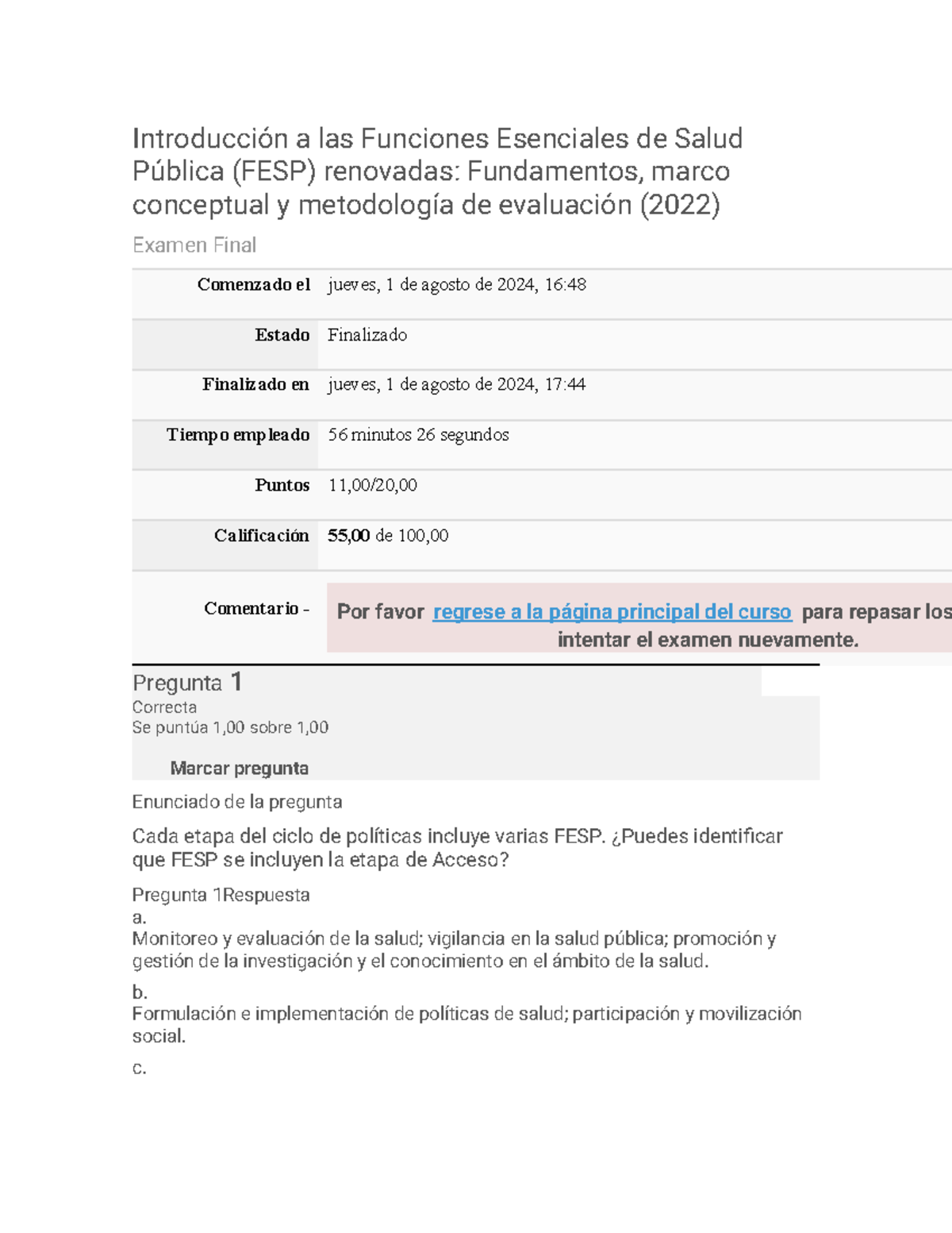 examen final 1 fesp - Introducción a las Funciones Esenciales de Salud Pública (FESP) renovadas ...