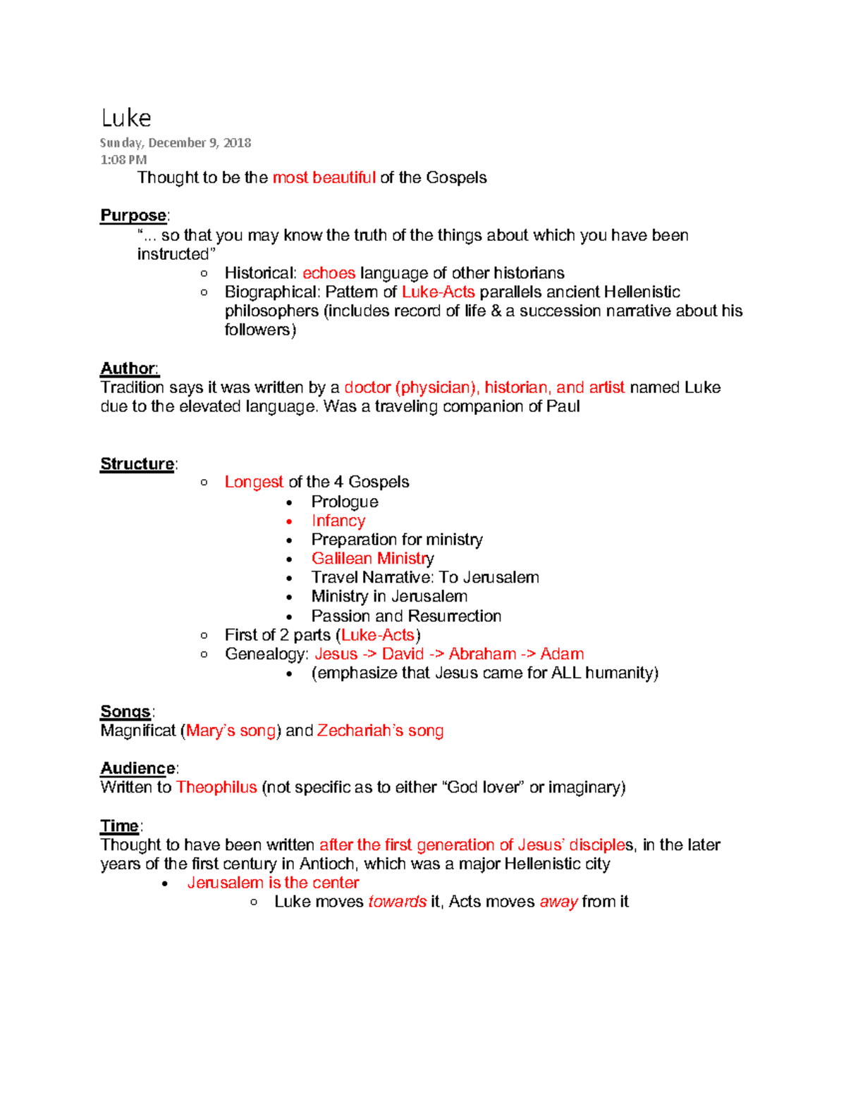 Gospel of Luke Overview - Luke Sunday, December 9, 2018 1:08 PM Thought ...