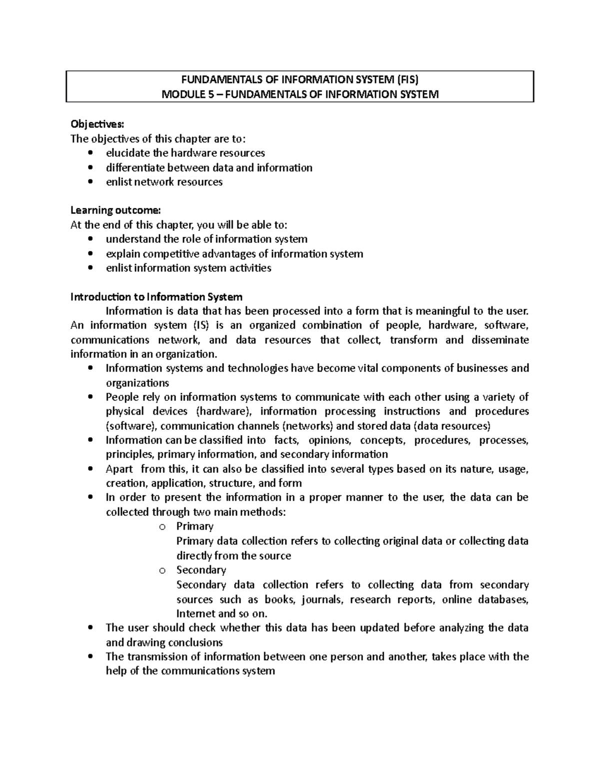 5th Module Lecture Notes 3 Fundamentals Of Information System Fis