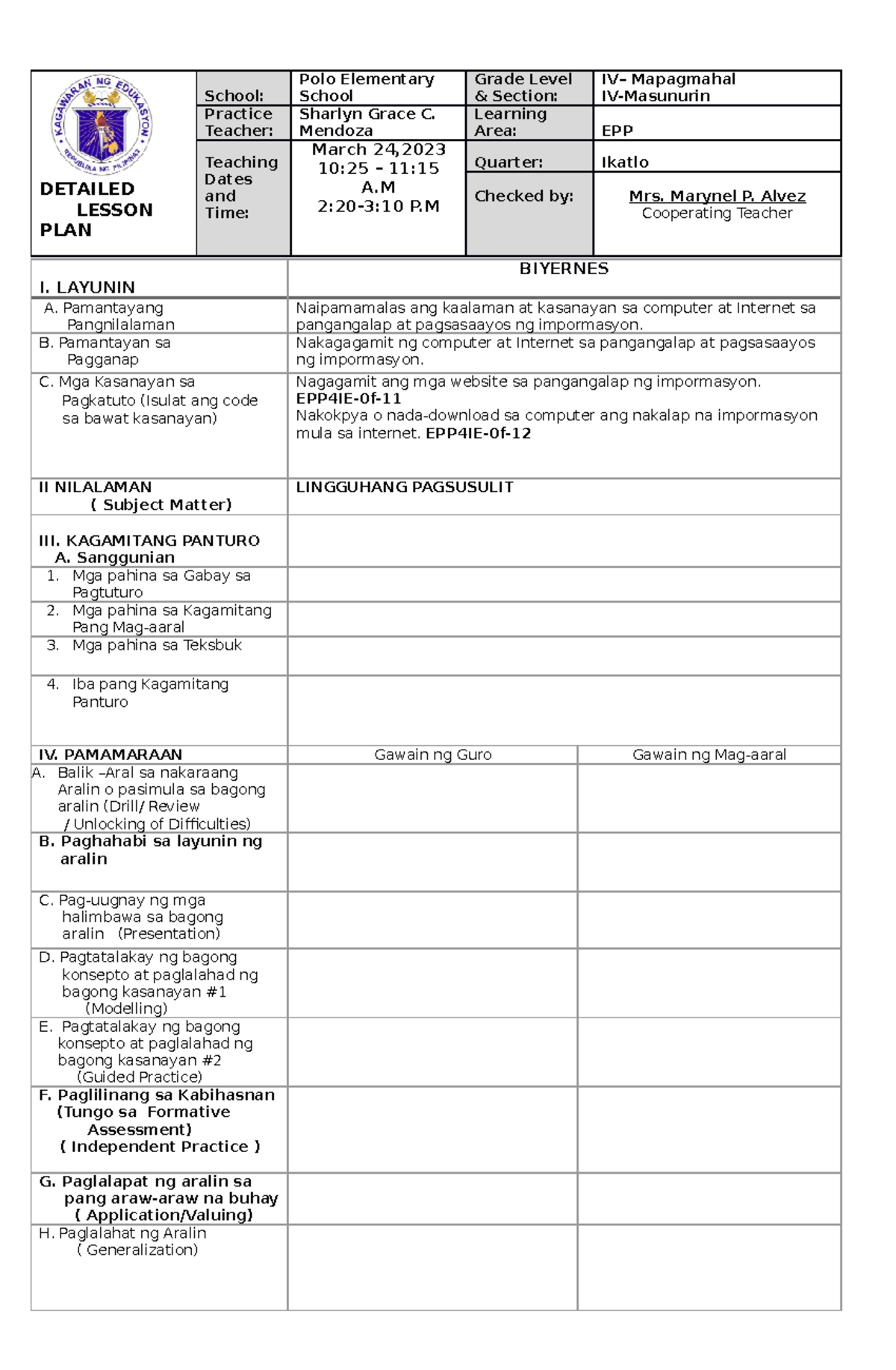 DLP-Friday - Weekly Test for EPP - DETAILED LESSON PLAN School: Polo ...
