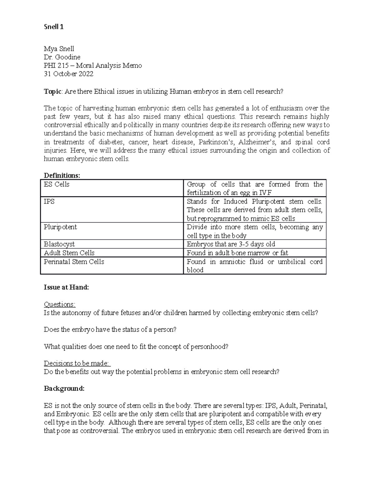 Annotated Memo #1 - Mya Snell Dr. Goodine PHI 215 – Moral Analysis Memo ...