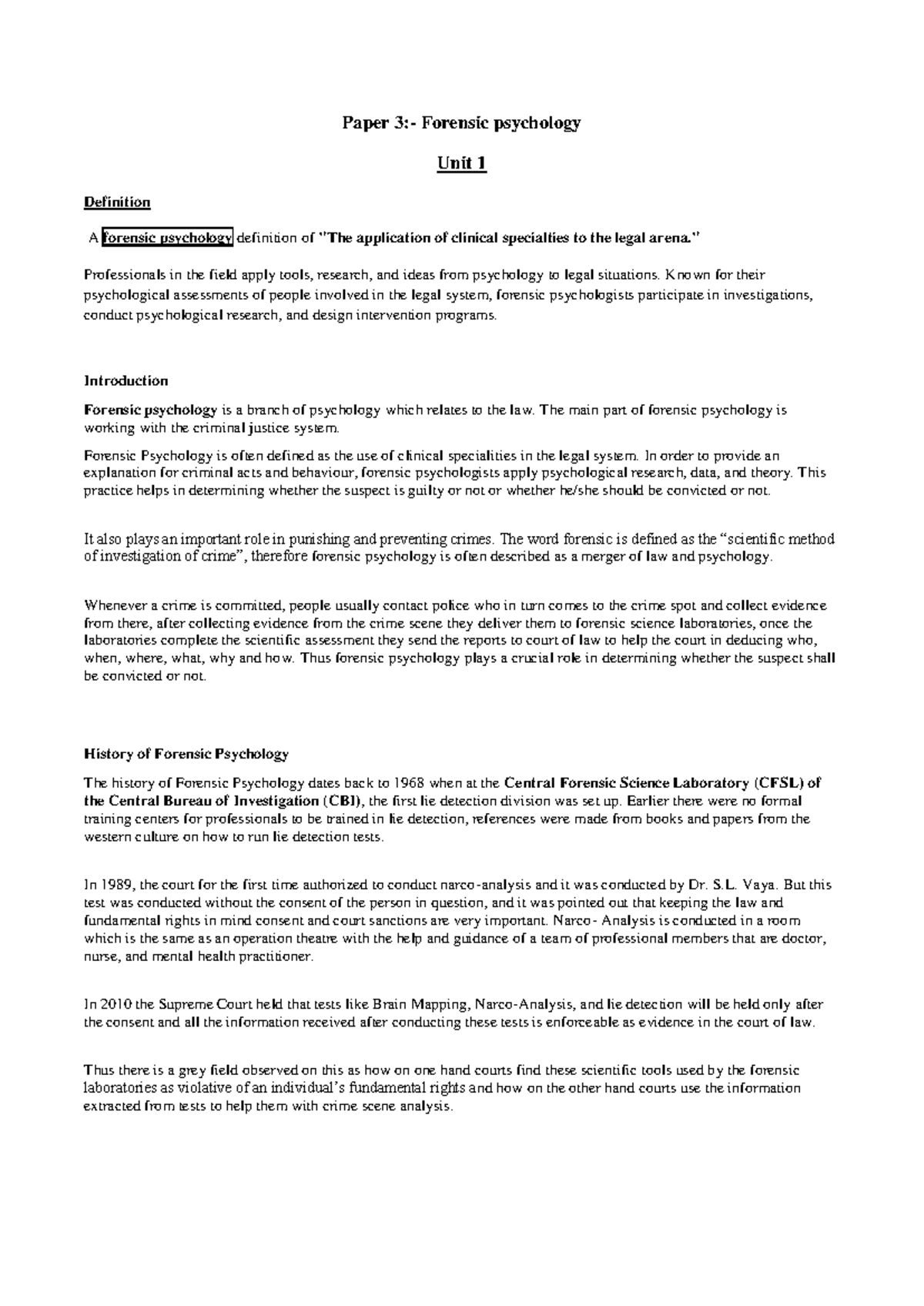 Forensic psychology merged - Paper 3:- Forensic psychology Unit 1 ...