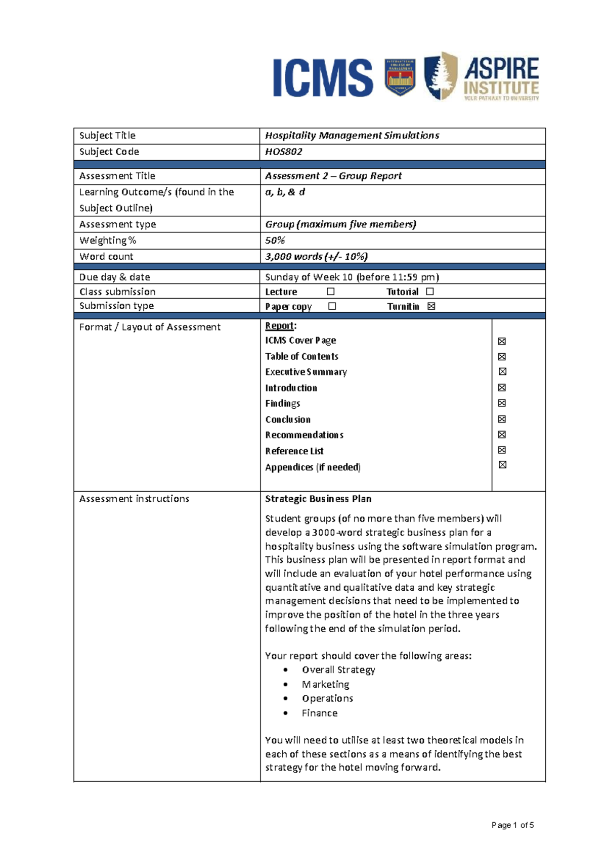 HOS802 A2 - Business Plan Group Report T2 2022 AL - Subject Title ...