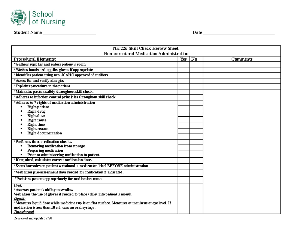 226Skillcheck Performance Checklist - Nonparenteral Meds - Student Name