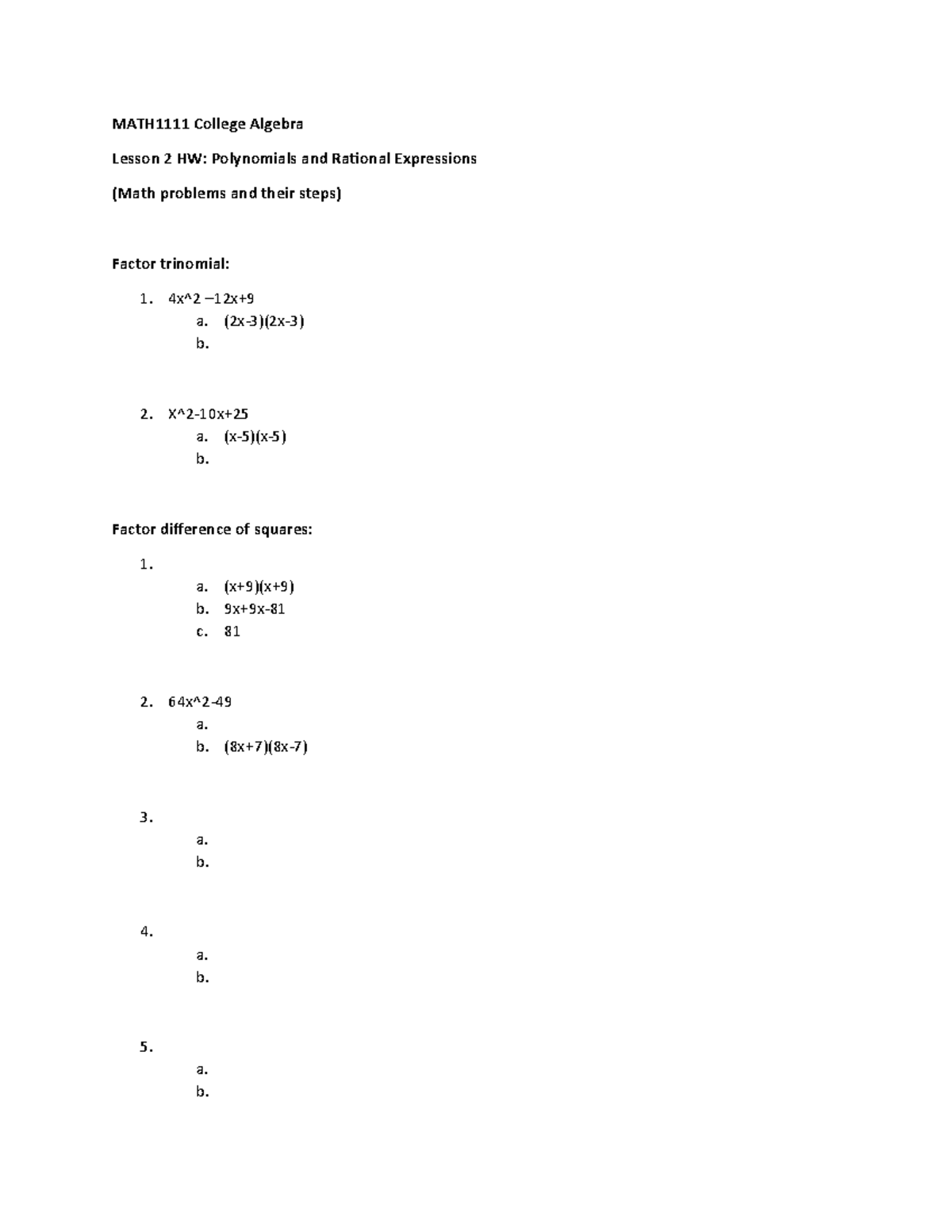 MATH1111: Lesson 2 HW: Polynomials and Rational Expressions - MATH1111 College Algebra Lesson 2 ...