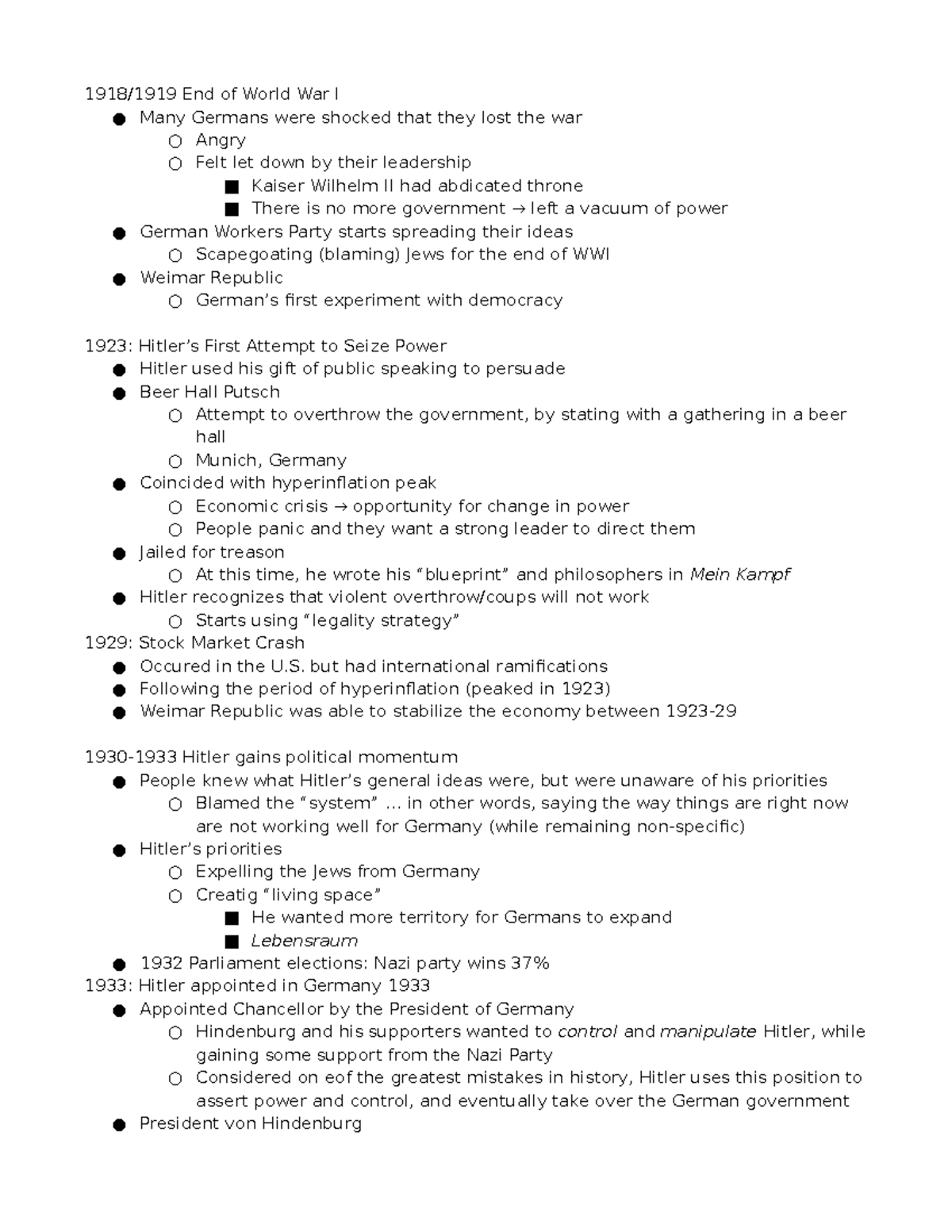 Hitler's Rise to Power Notes - 1918/1919 End of World War I Many ...