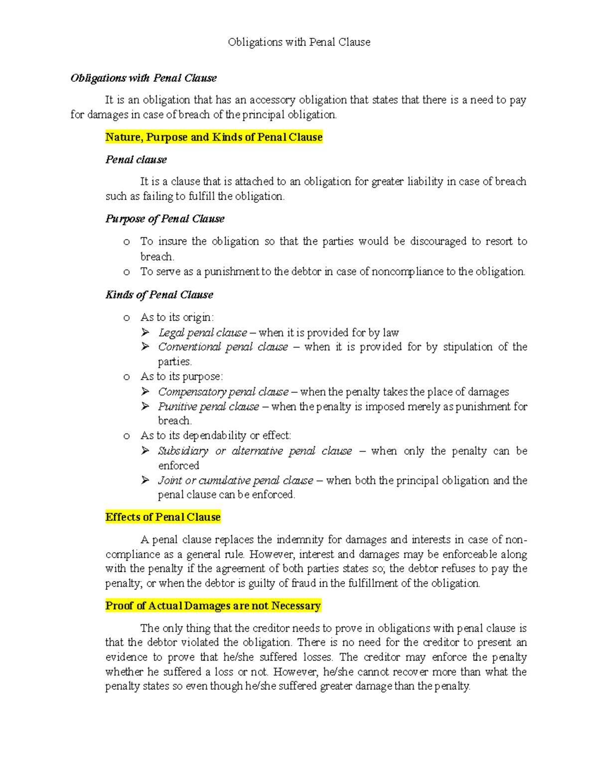 Oblicon - Obligations with Penal Clause - Obligations with Penal Clause ...