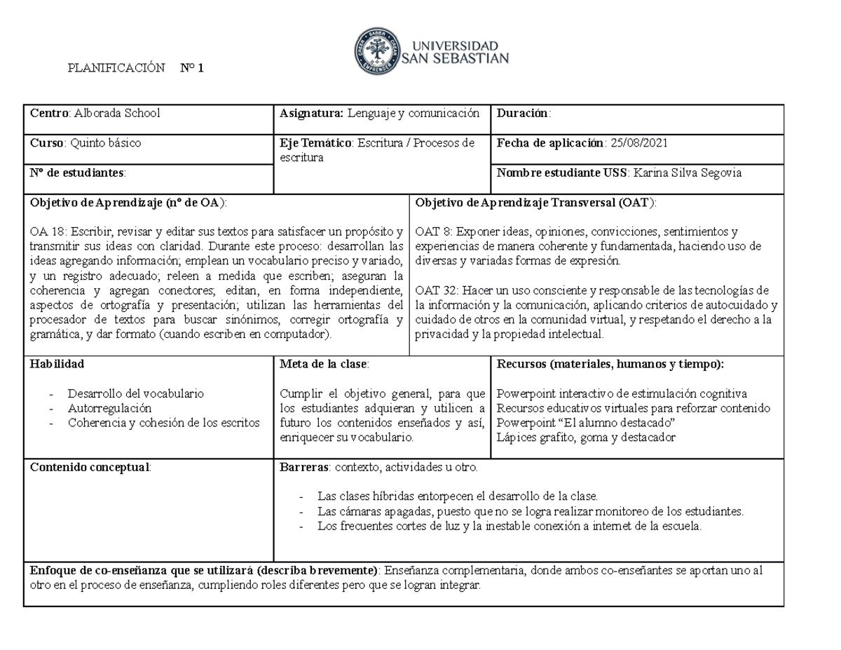 Formato DE Planificación PARA Estudiantes - PLANIFICACIÓN N° 1 Centro ...