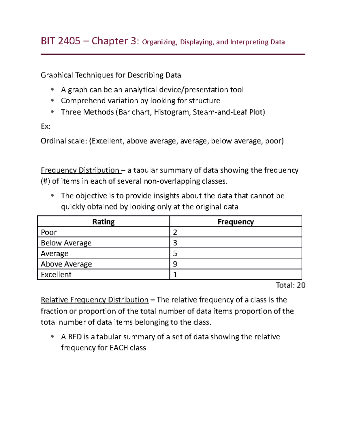 BIT 2405 Chapter 3 - BIT 2405 – Chapter 3: Organizing, Displaying, and Interpreting Data ...