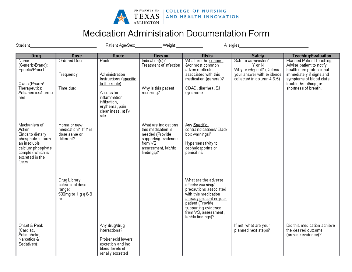 Epoetin - lmao - Medication Administration Documentation Form Student
