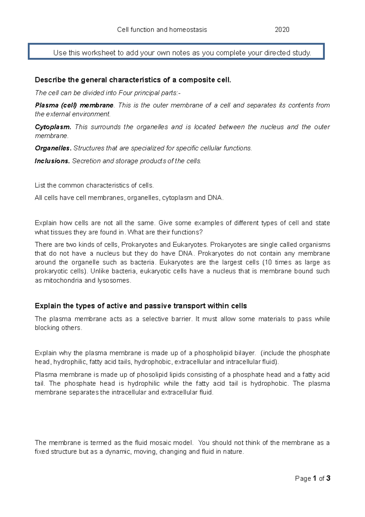 Cell function and homeostasis worksheet - Cell function and homeostasis ...