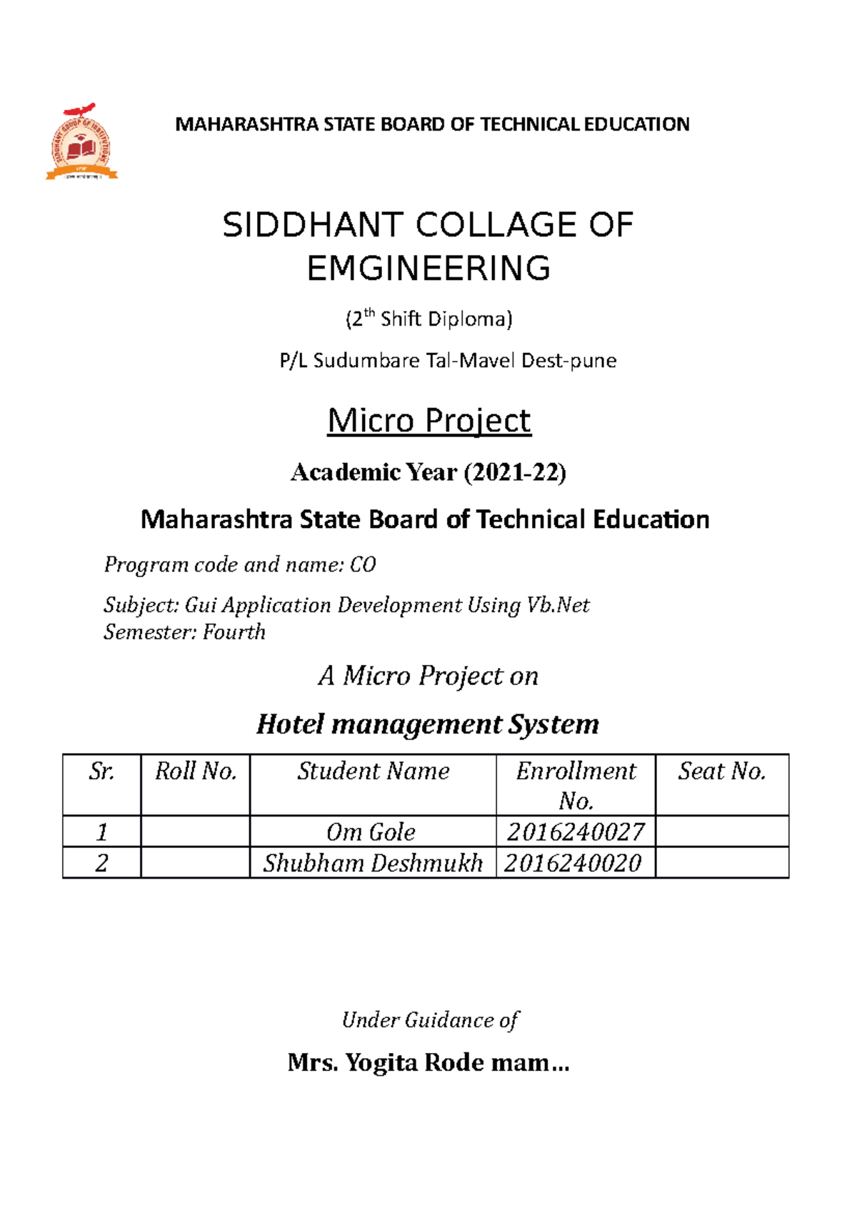Gad microproject - MAHARASHTRA STATE BOARD OF TECHNICAL EDUCATION SIDDHANT COLLAGE OF ...