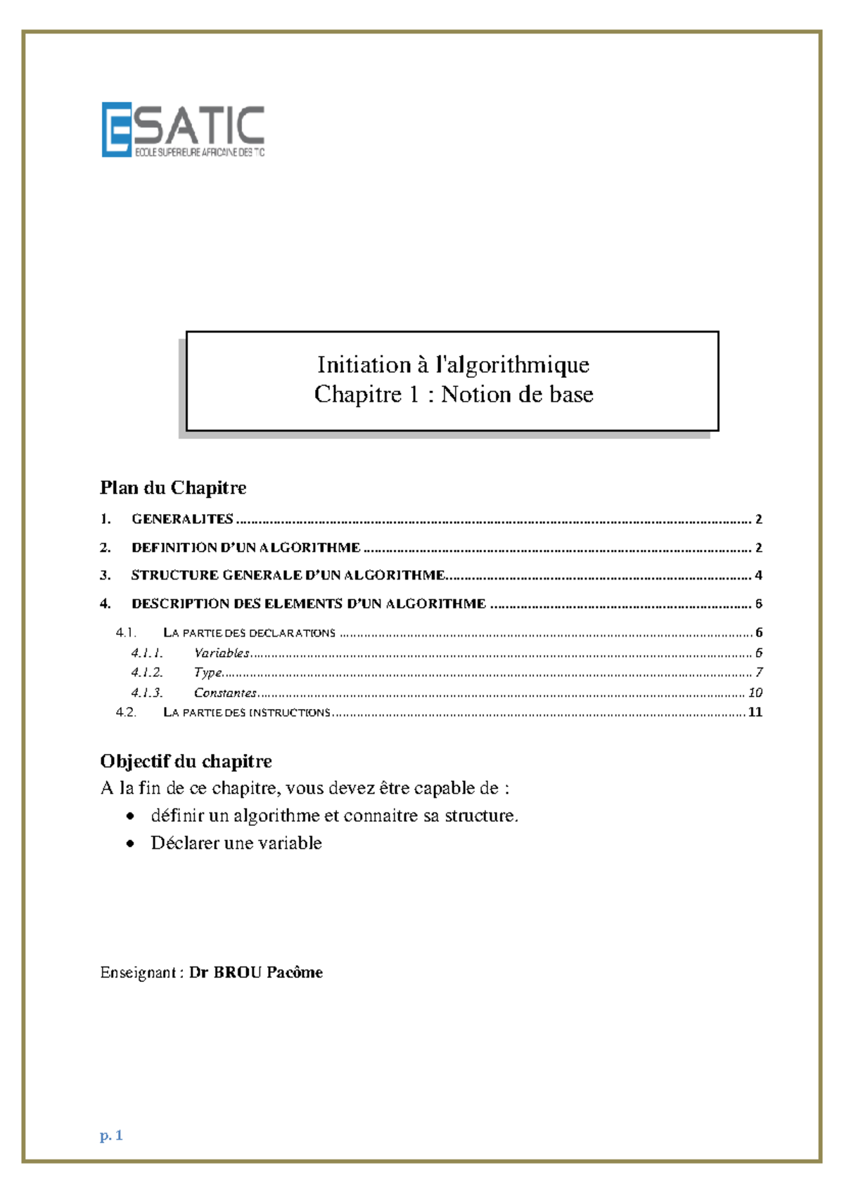 Chapitre 1 Notion DE BASE - Plan du Chapitre GENERALITES - Studocu