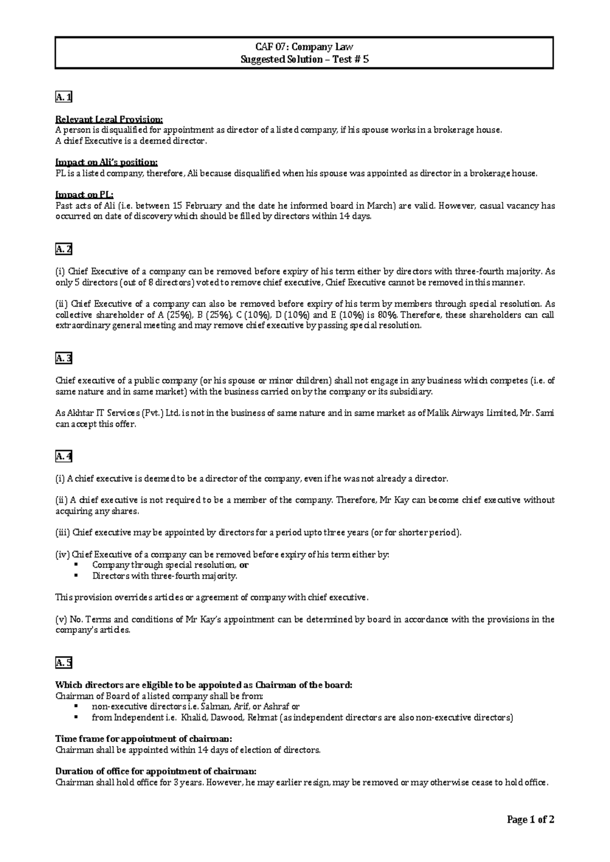 Test 5 - Suggested Solution - CAF 07: Company Law Suggested Solution ...