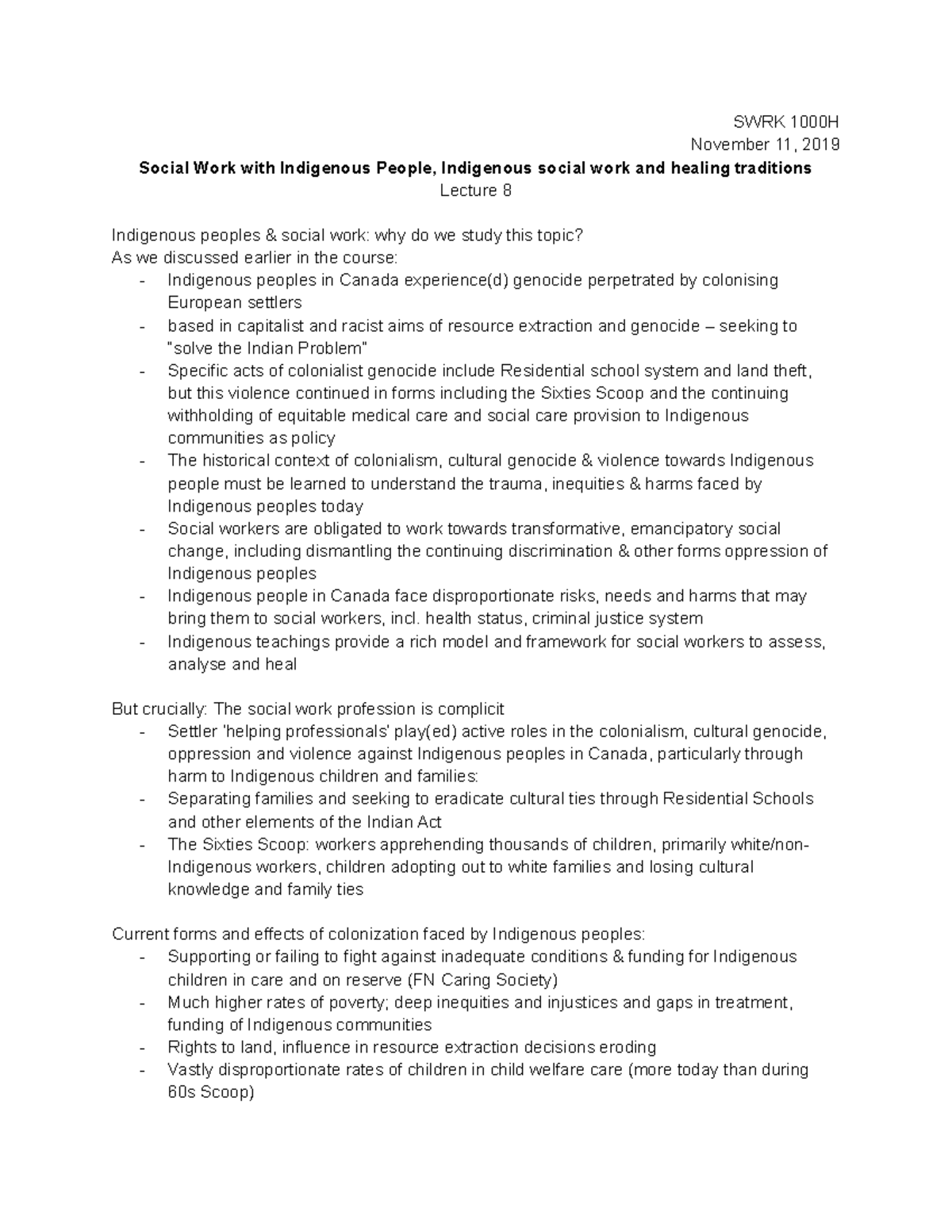 SWRK Lecture notes 8 - SWRK 1000H November 11, 2019 Social Work with ...