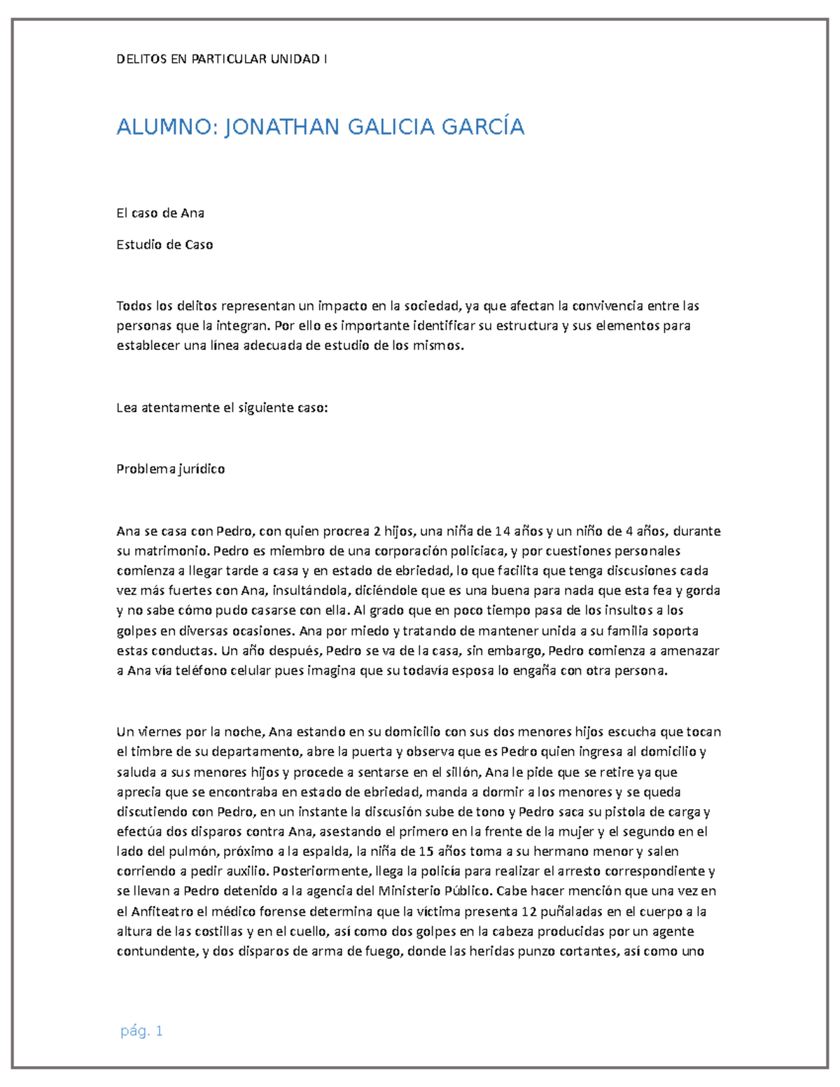 CASO ANA - LECTURA DE EJERCICIO - DELITOS EN PARTICULAR UNIDAD I ALUMNO ...