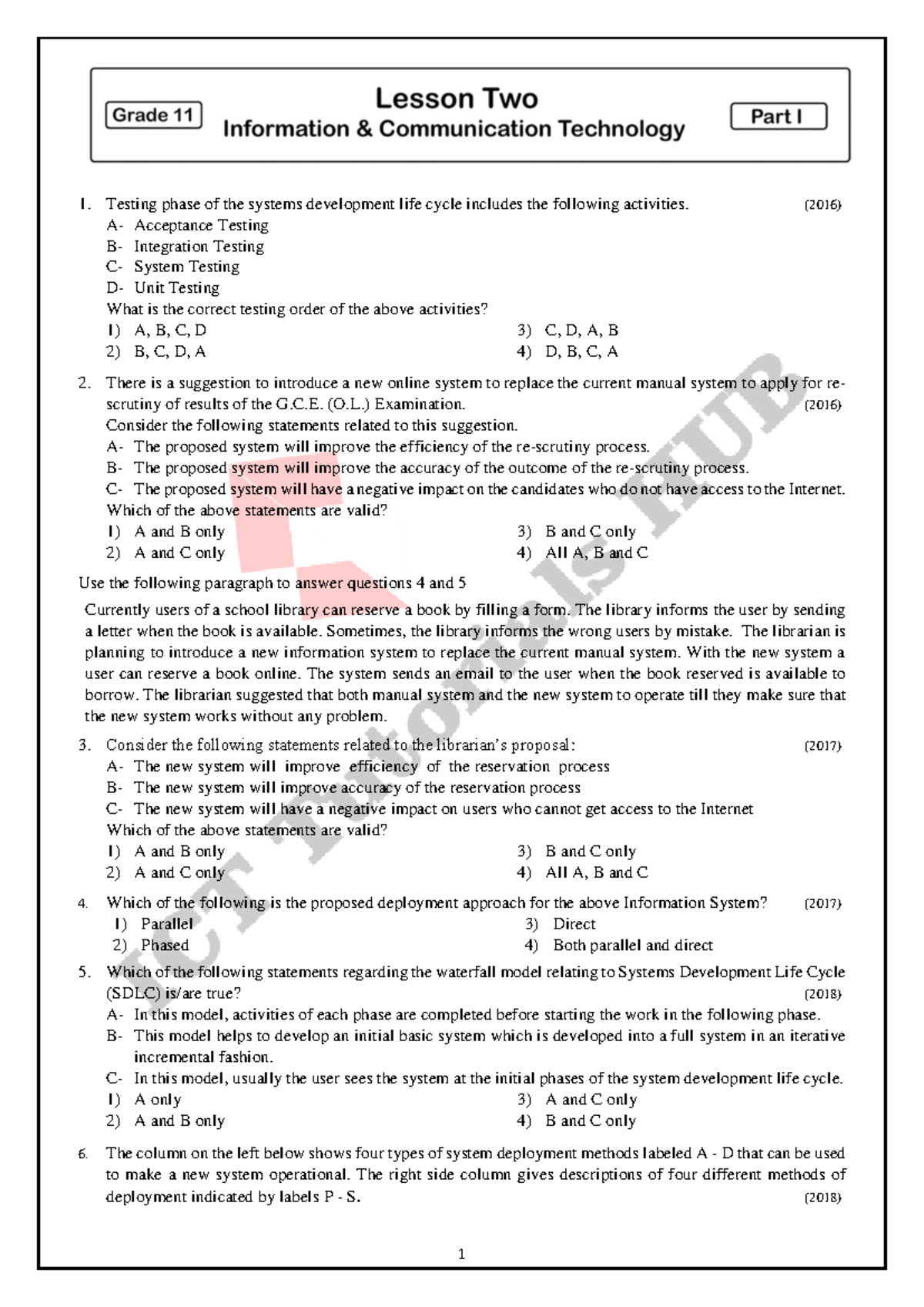 G11-Lesson-02-MCQ - Good - 1 Testing phase of the systems development ...