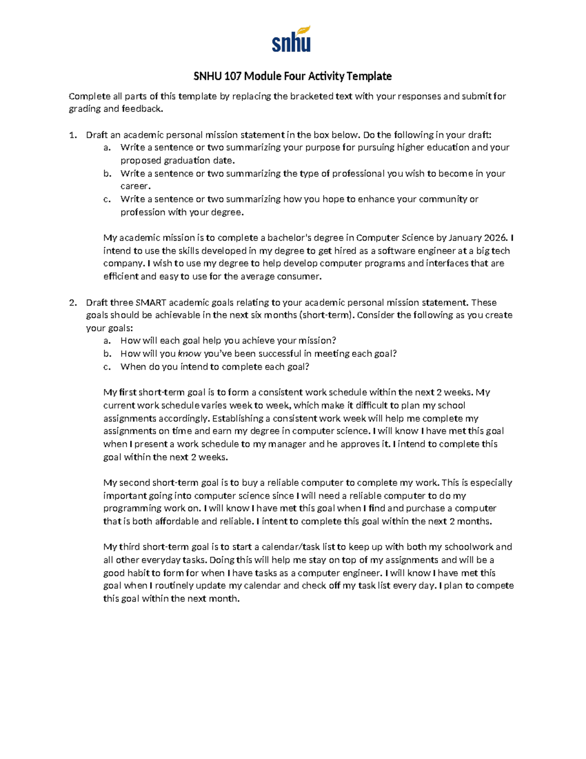 SNHU 107 Module 4 Activity - SNHU 107 Module Four Activity Template Complete all parts of this ...