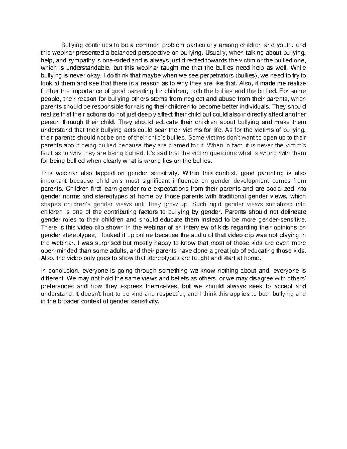 Bullying and Gender Sensitivity Reflection Paper - Bullying continues ...