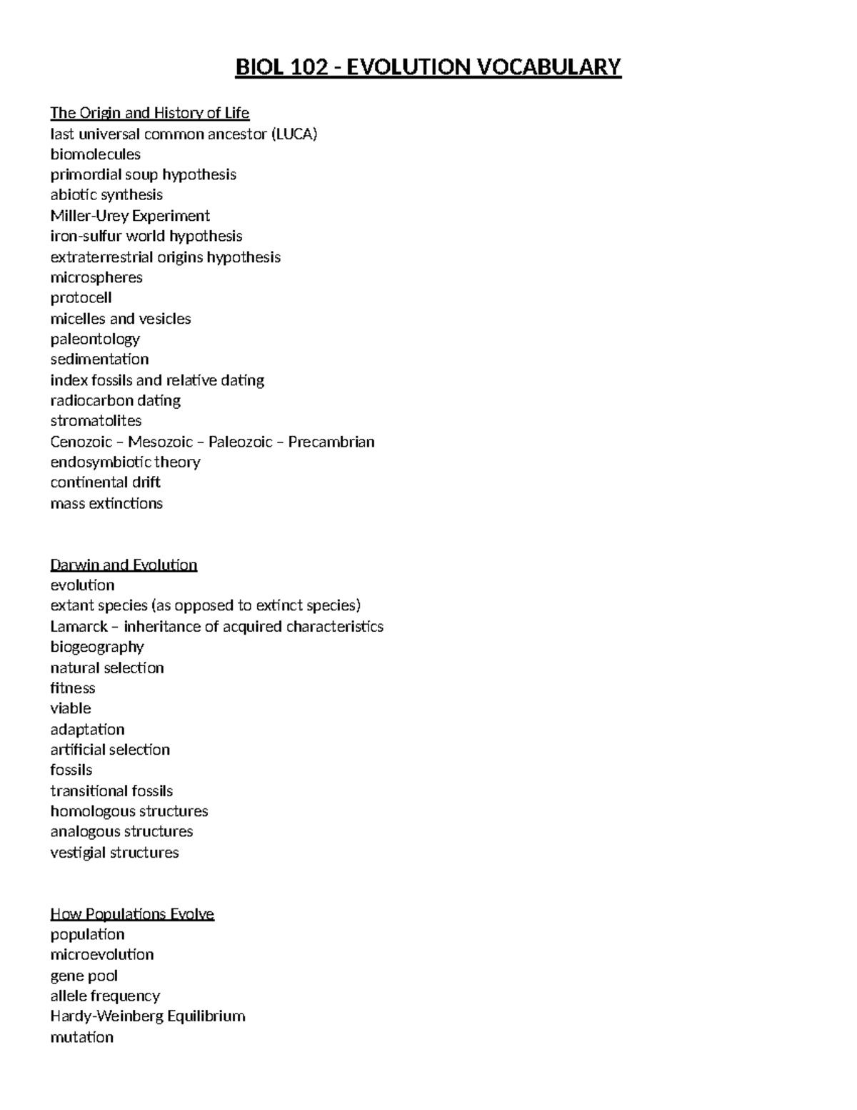 BIOL 102 Vocabulary - Evolution - BIOL 102 - EVOLUTION VOCABULARY The ...