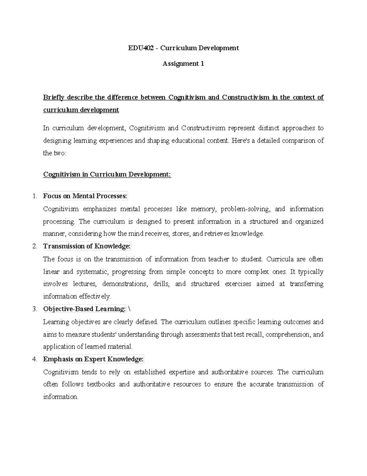 EDU402 - Here's a detailed comparison of the two: Cognitivism in ...