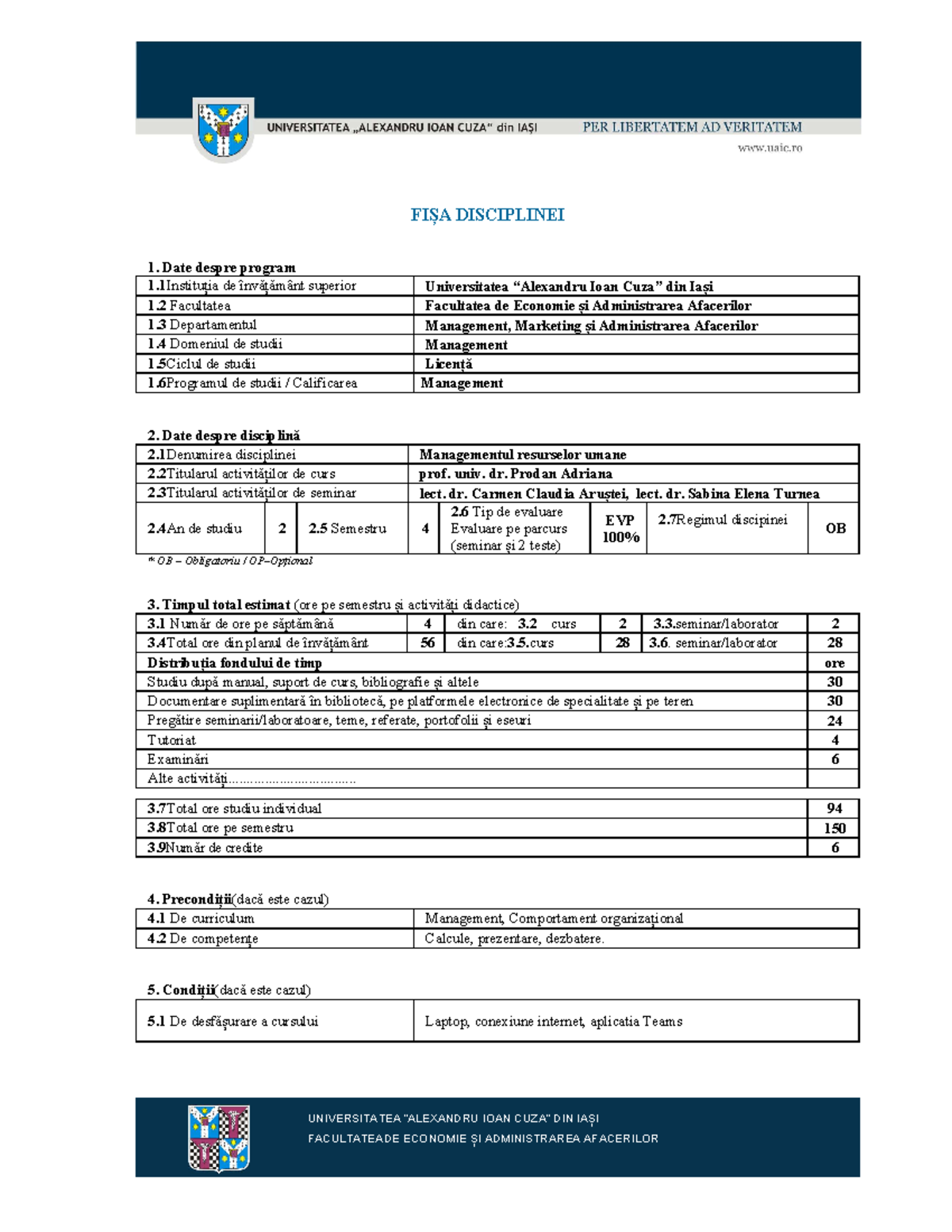 Fisa disciplinei NOU - UNIVERSITATEA “ALEXANDRU IOAN CUZA” DIN IAȘI ...