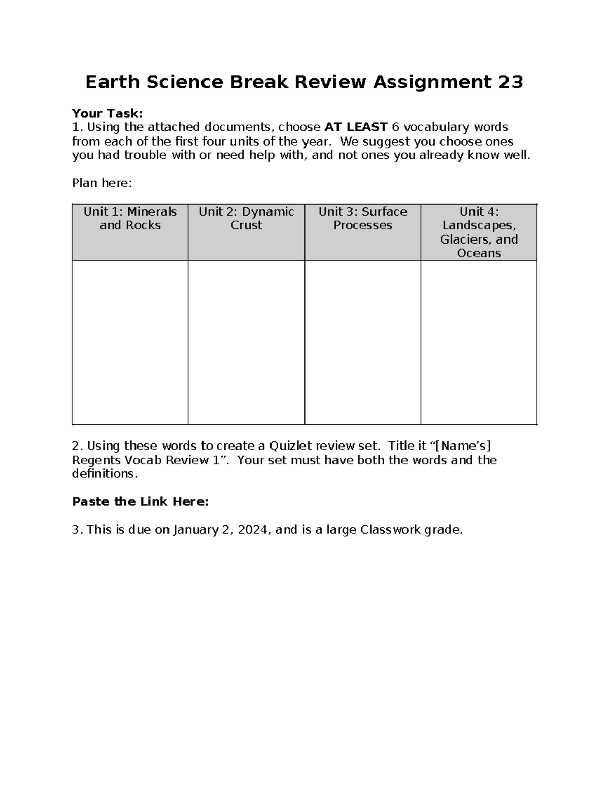 Earth Science Review - Earth Science Break Review Assignment 23 Your ...