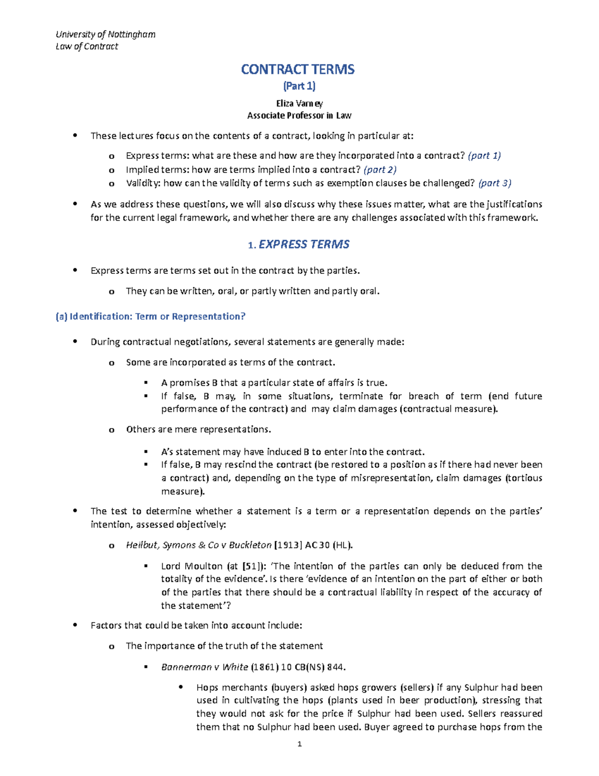 07 Terms 1 (Express) 2022-23 - Law of Contract CONTRACT TERMS (Part 1 ...