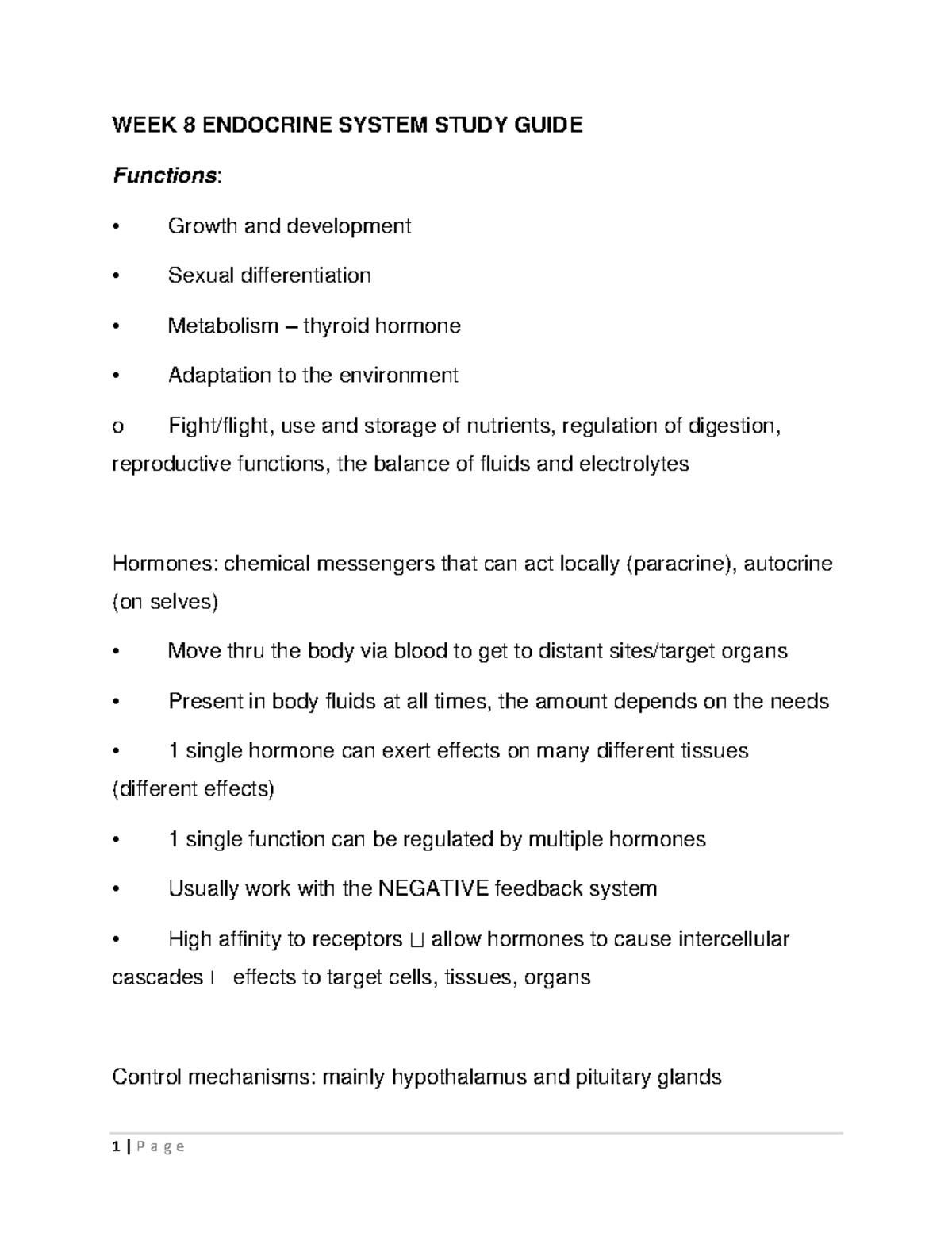 WEEK 8 Endocrine System Study Guide - WEEK 8 ENDOCRINE SYSTEM STUDY ...