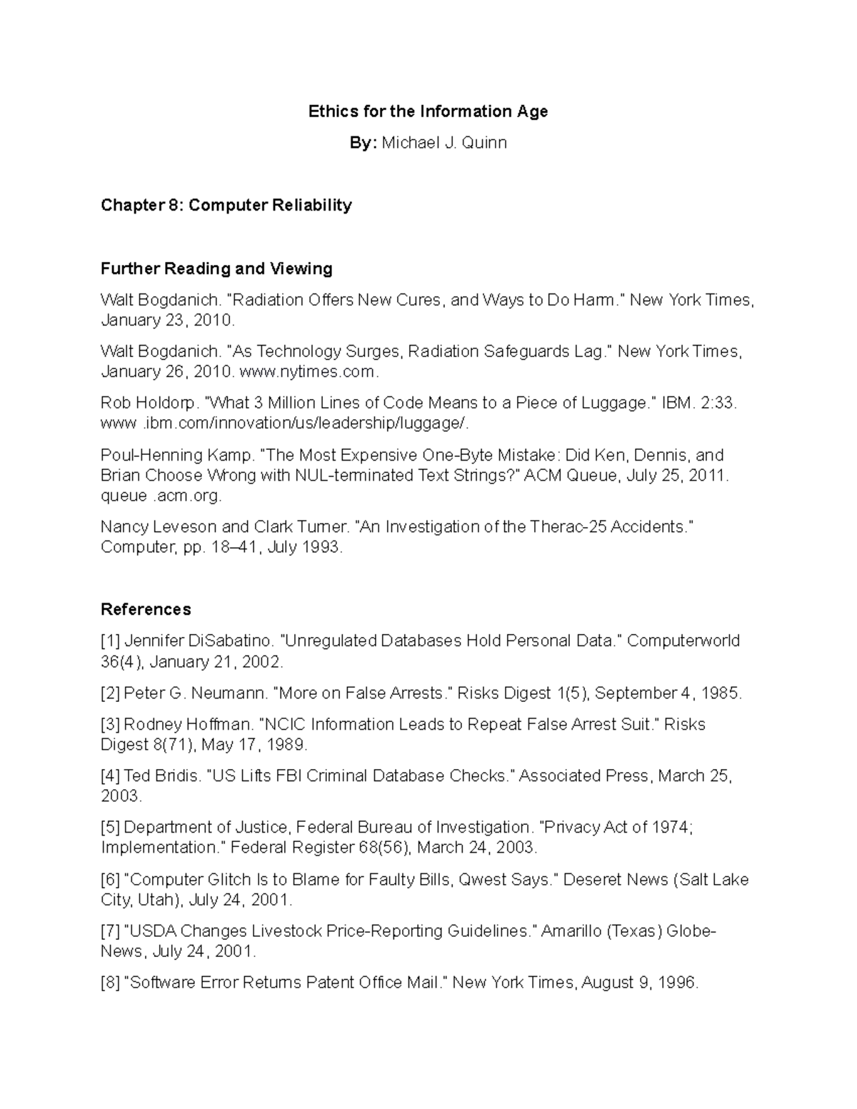 Computer Reliability References Further Reading and Viewing Chapter 8 ...